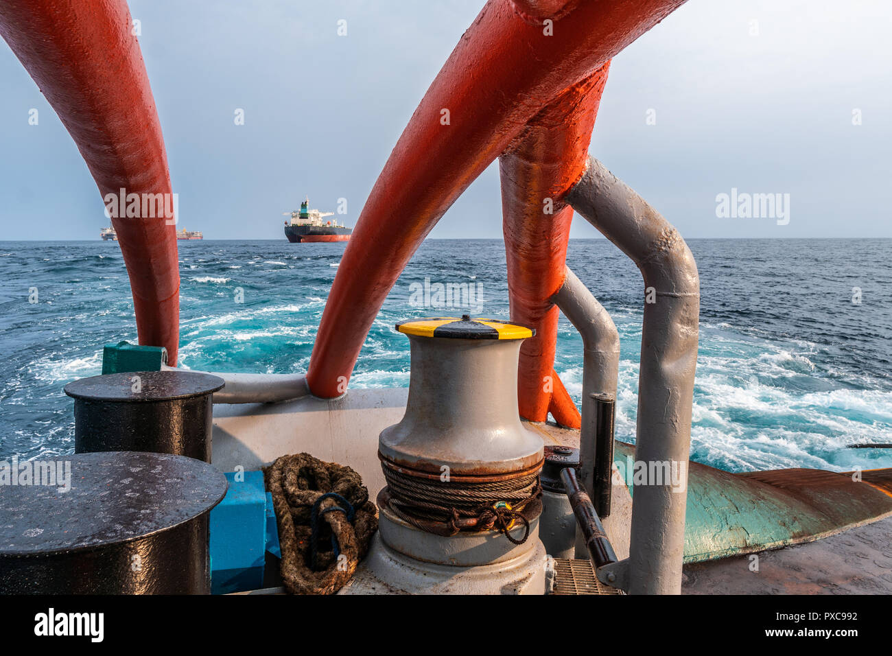 mooring equipment of ship. View from ahts vessel deck Stock Photo - Alamy