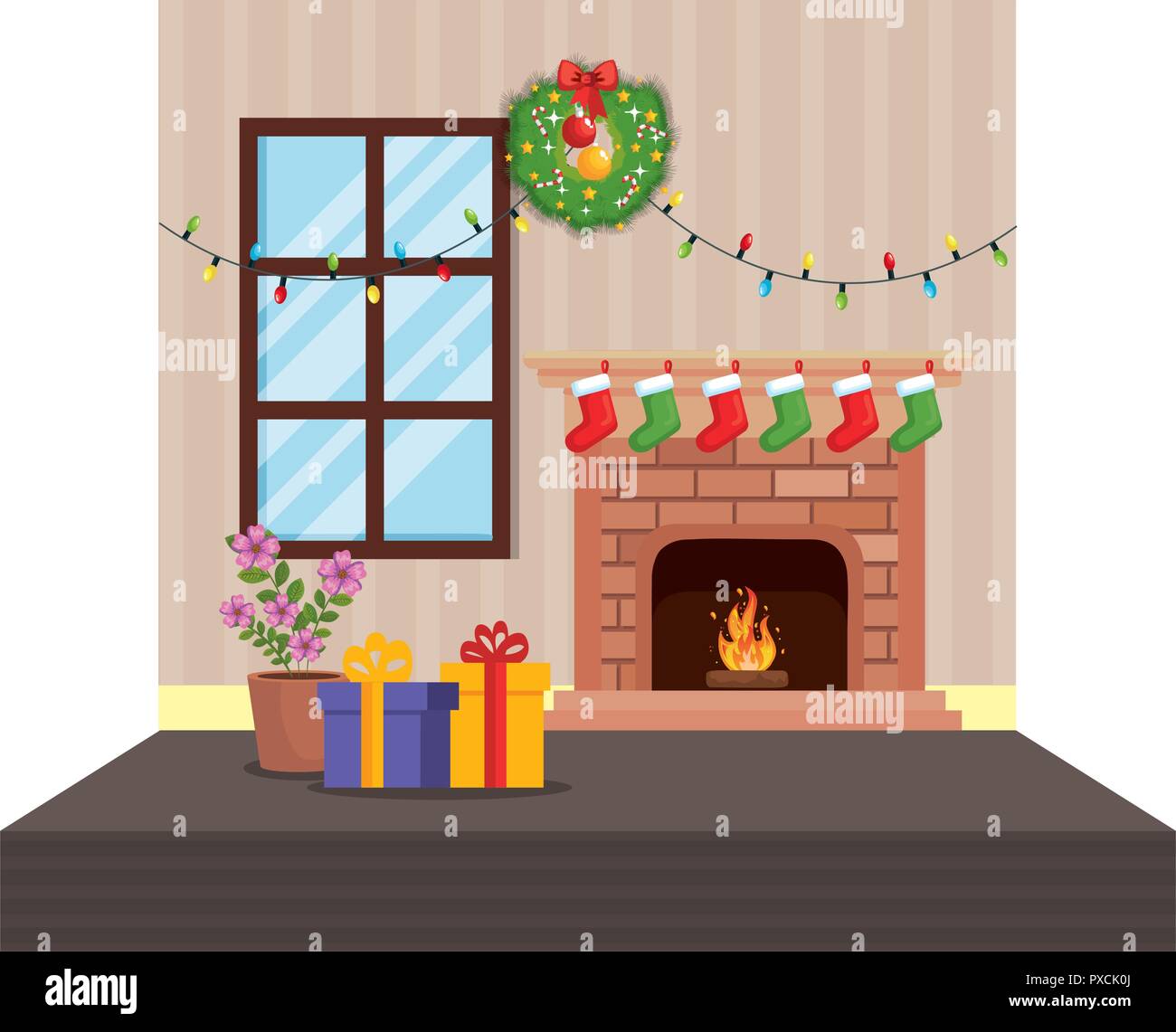 living room with christmas decoration scene vector illustration design ...