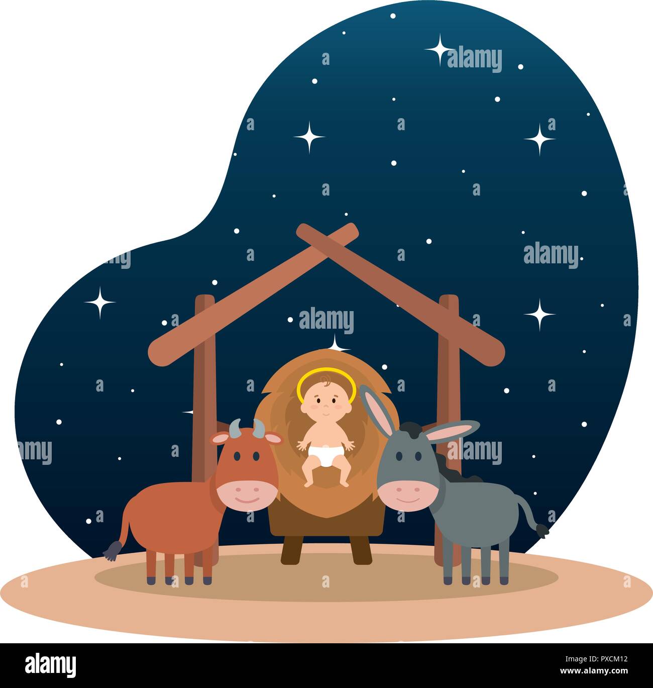 jesus baby in stable with mule and ox Stock Vector Image & Art - Alamy