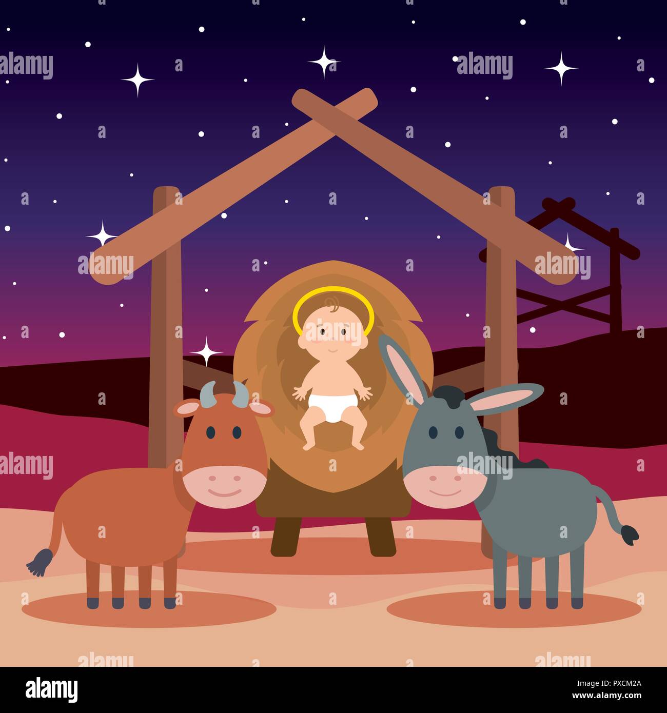 jesus baby in stable with mule and ox Stock Vector Image & Art - Alamy