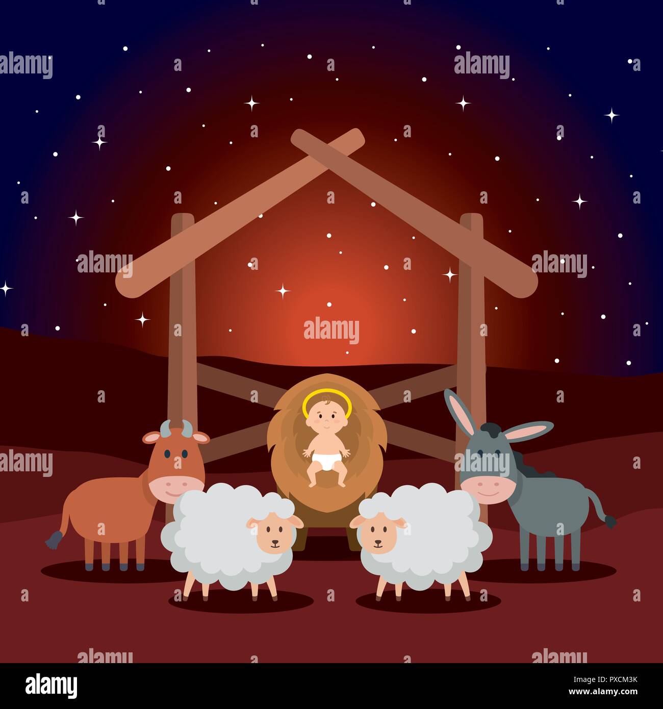 jesus baby in stable with sheeps and animals Stock Vector Image & Art ...