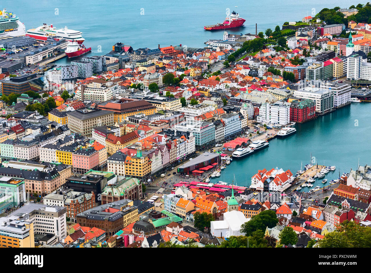 Bergen, Norway cityscape with downtown and fish market aerial view ...