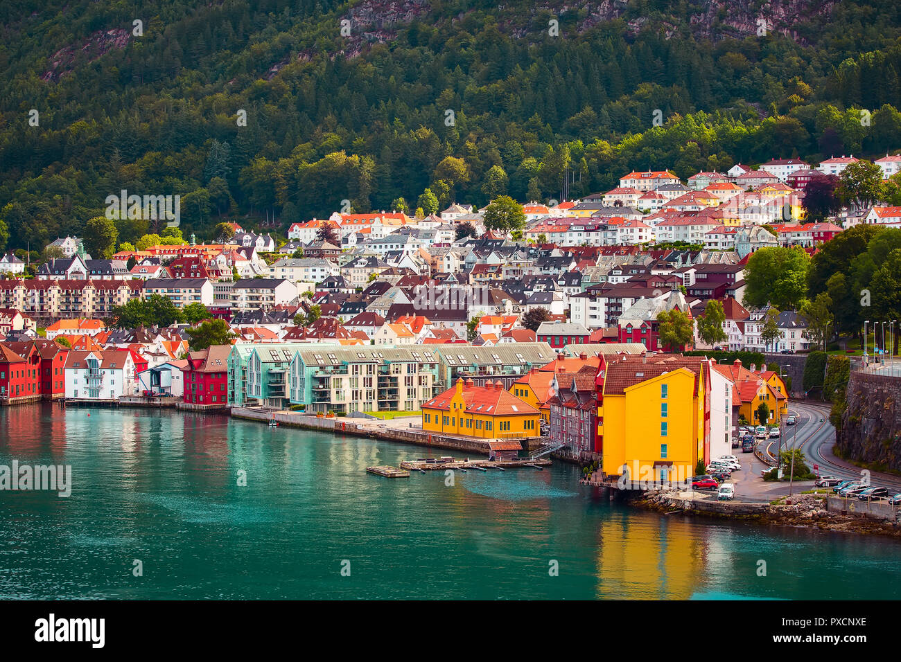 Bergen, Norway cityscape with colorful traditional houses and fjord ...