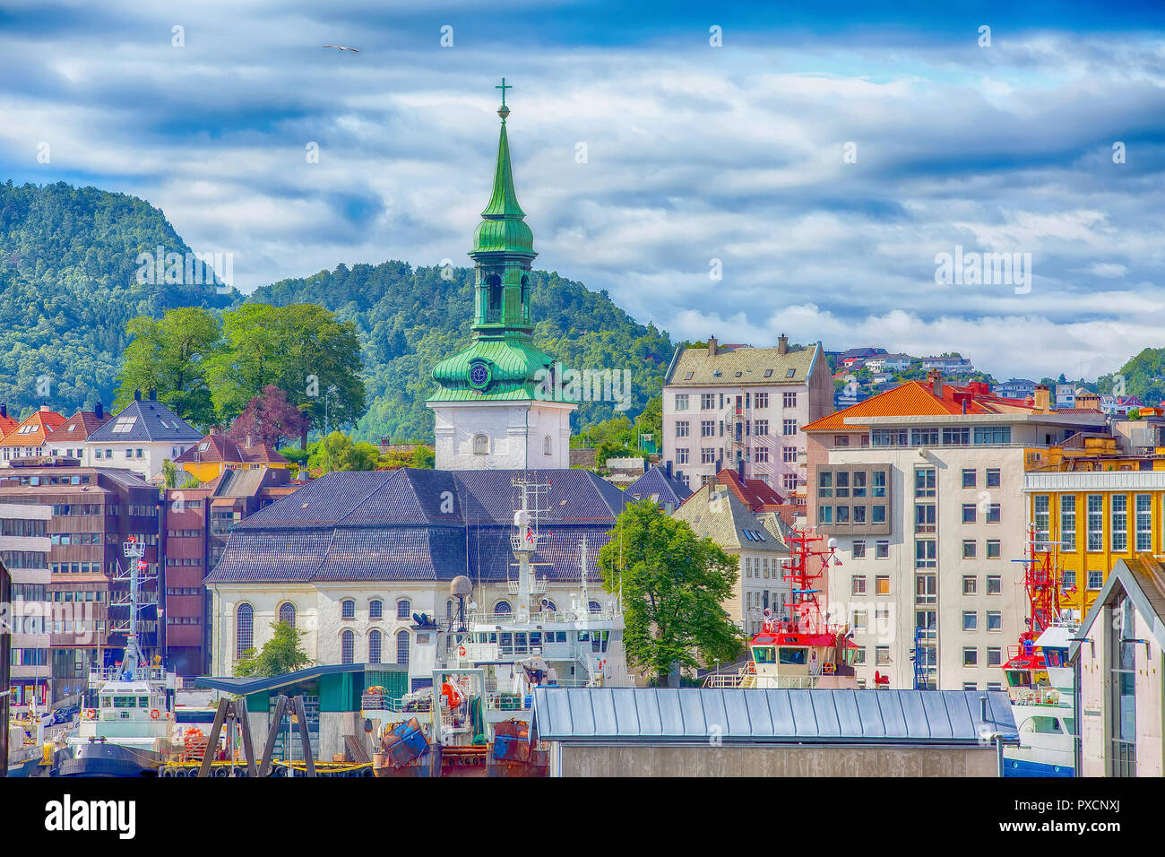 Bergen, Norway cityscape with colorful traditional houses, church tower ...