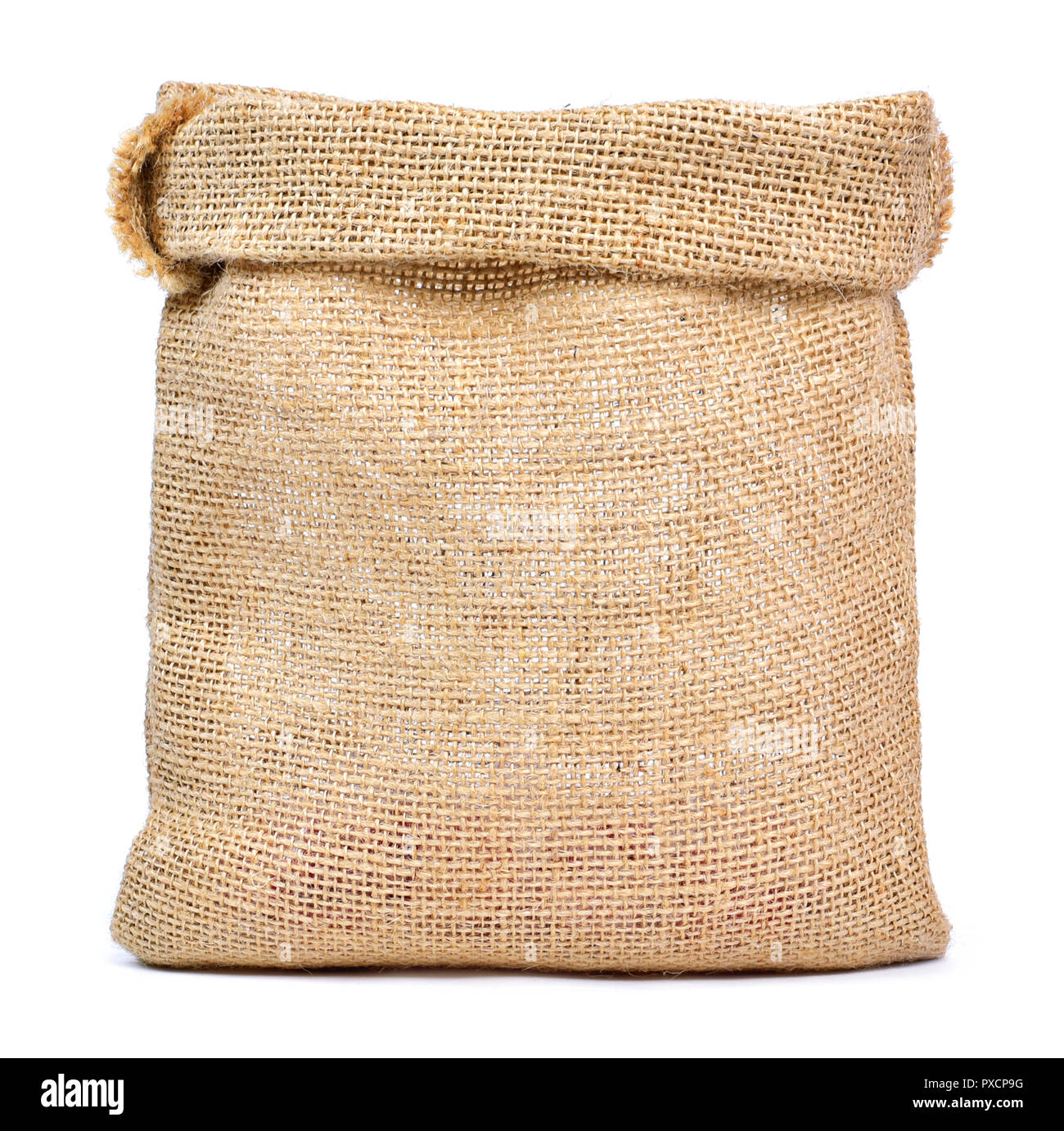 Empty burlap bag or sackcloth bag, isolated on white background. Front ...