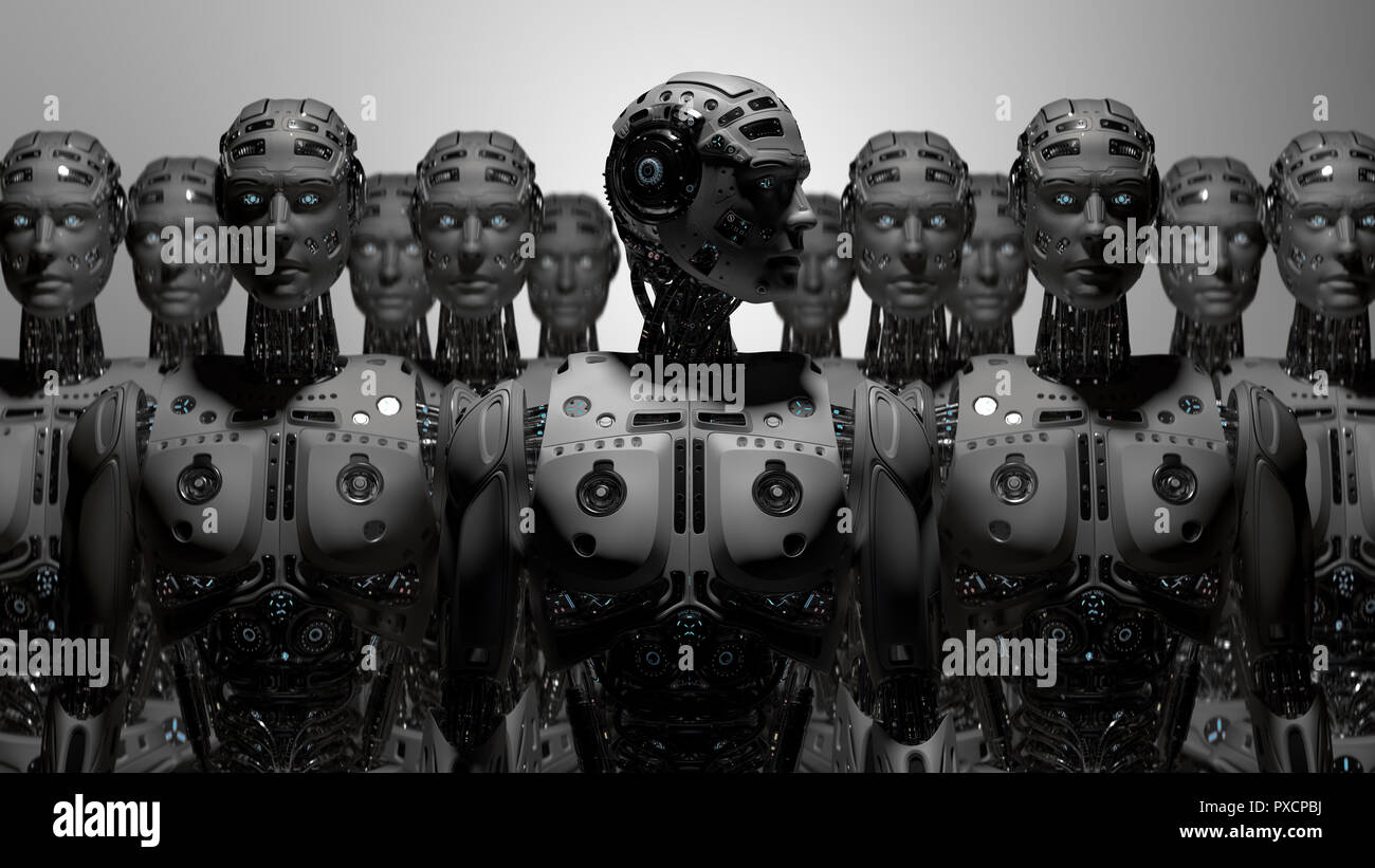 Futuristic Robot Army. Group of cyborgs. Isolated on gray background ...
