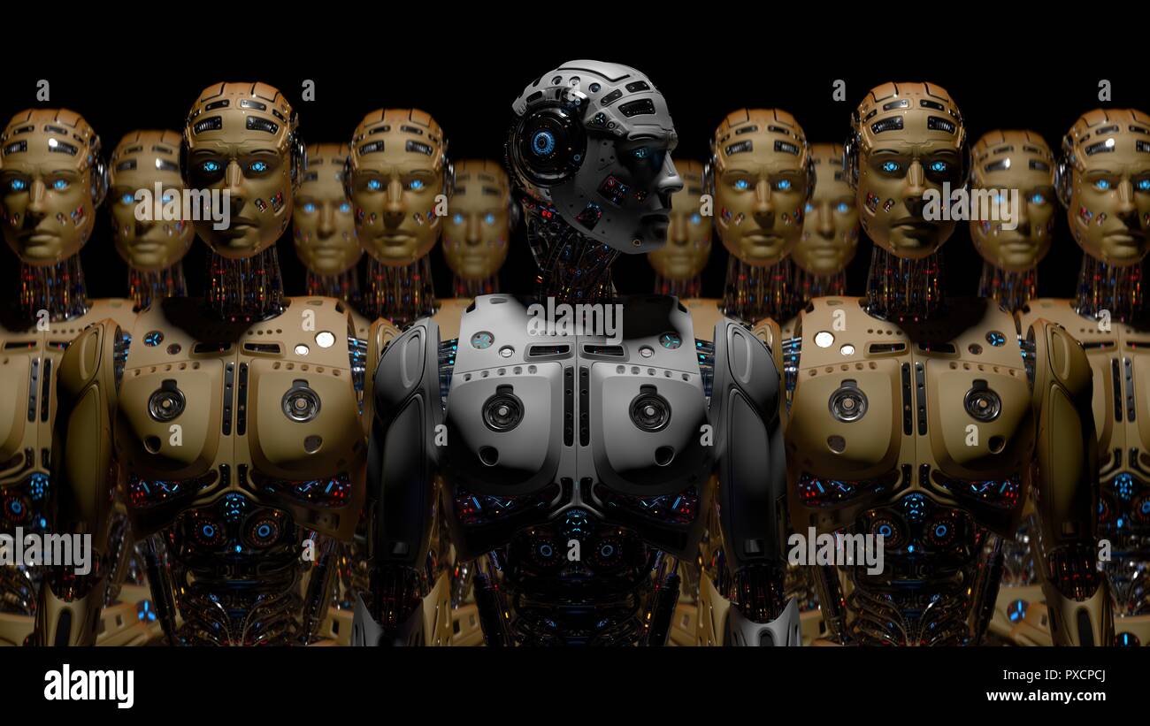 Futuristic Robot Army. Group of cyborgs. Isolated on black background ...