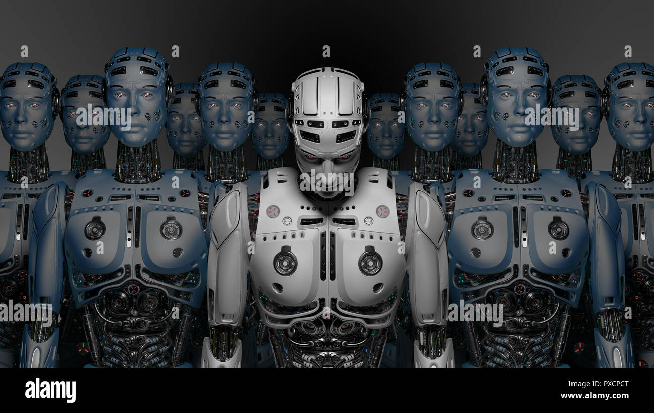 Futuristic Robot Army. Group of cyborgs. Isolated on gray background ...