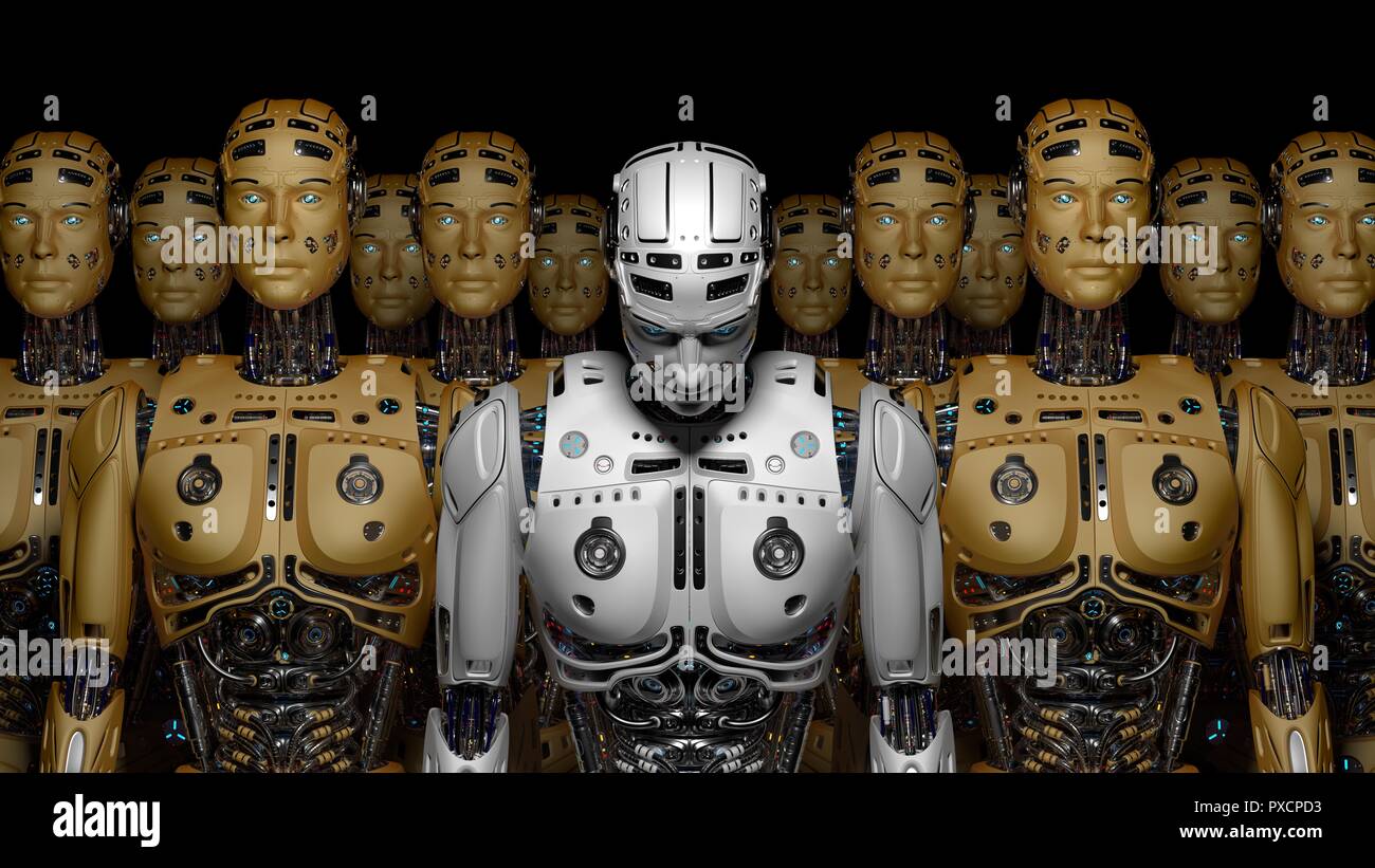Futuristic Robot Army. Group of cyborgs. Isolated on black background ...