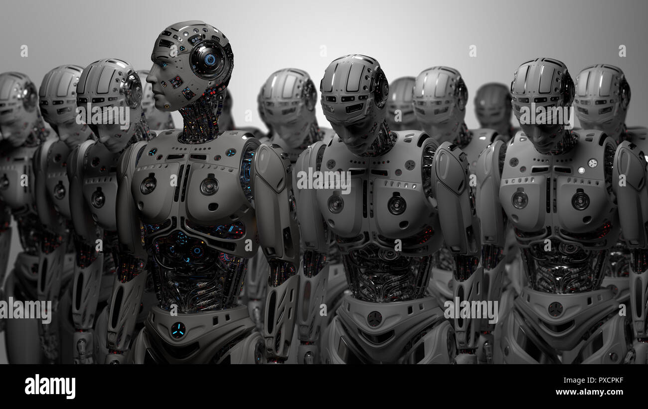 Futuristic Robot Army. Group of cyborgs. Isolated on gray background ...