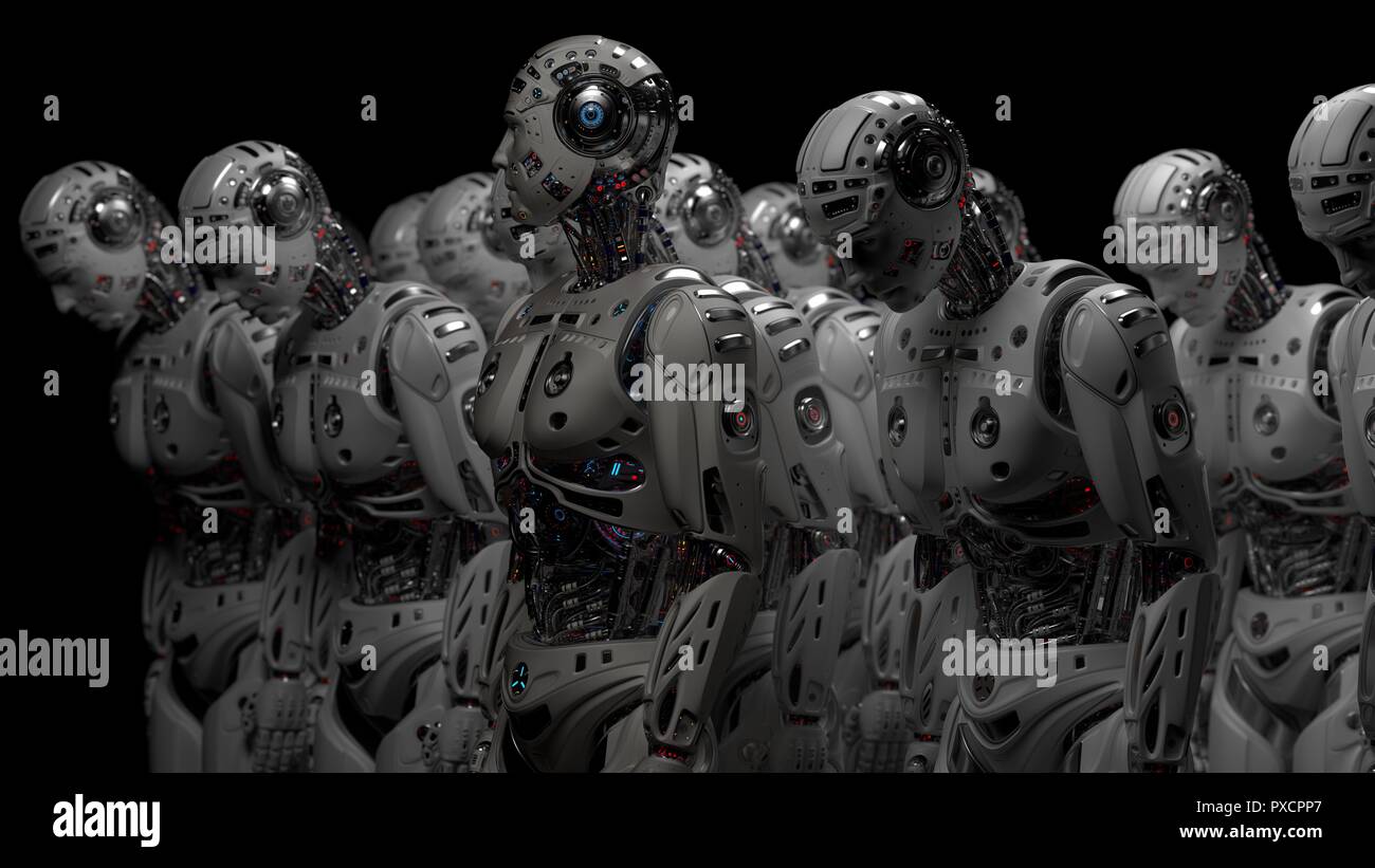 Futuristic Robot Army. Group of cyborgs. Isolated on black background ...