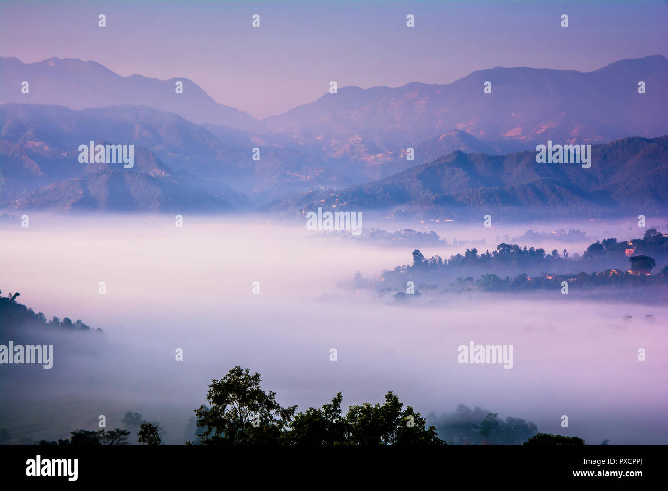 Village land covered by fog Stock Photo - Alamy