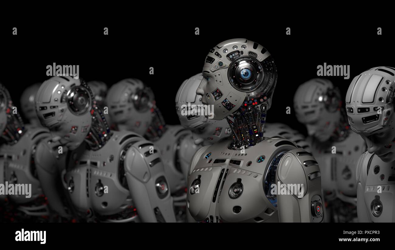 Futuristic Robot Army. Group of cyborgs. Isolated on black background ...