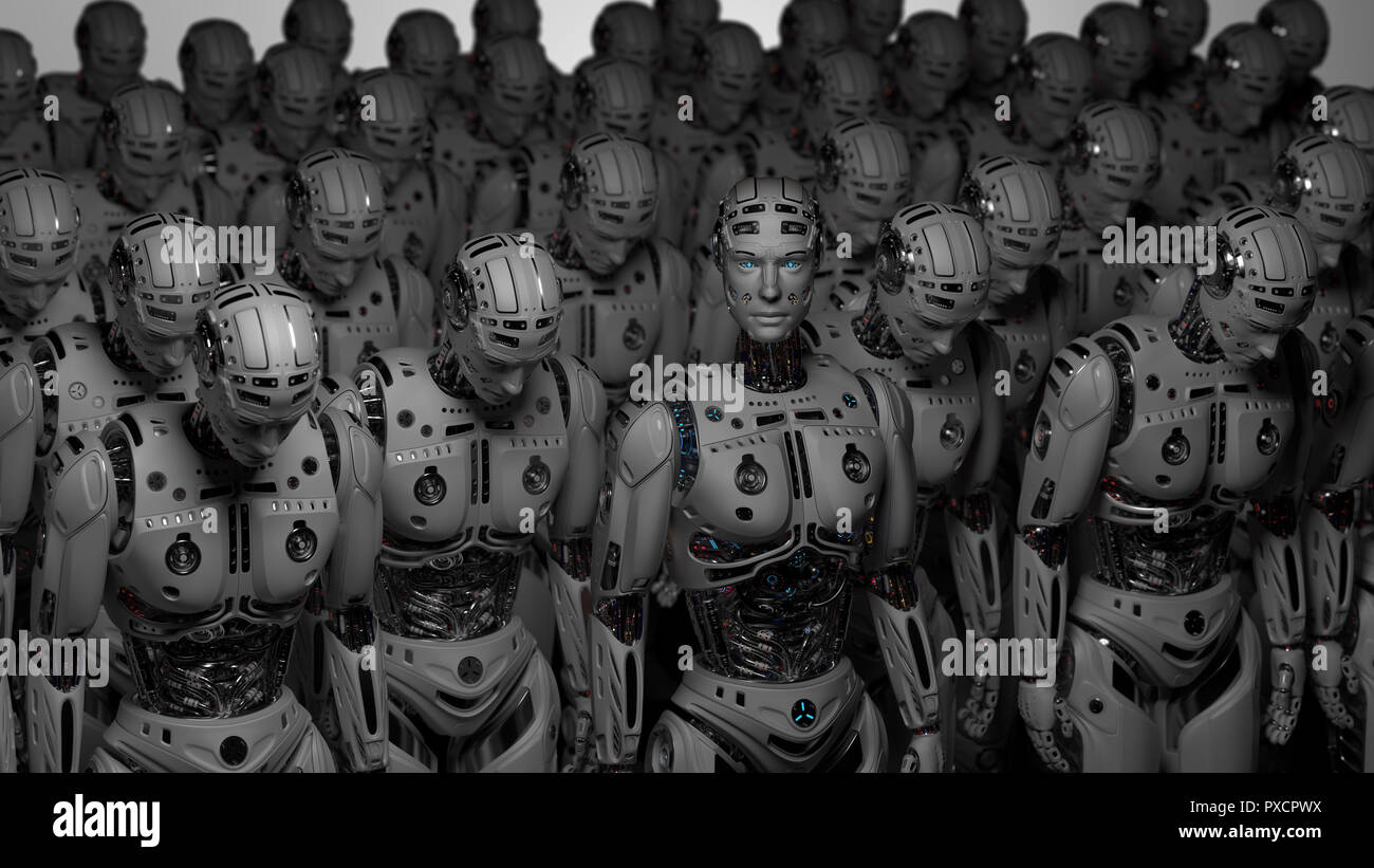 Futuristic Robot Army. Group of cyborgs. Isolated on gray background ...