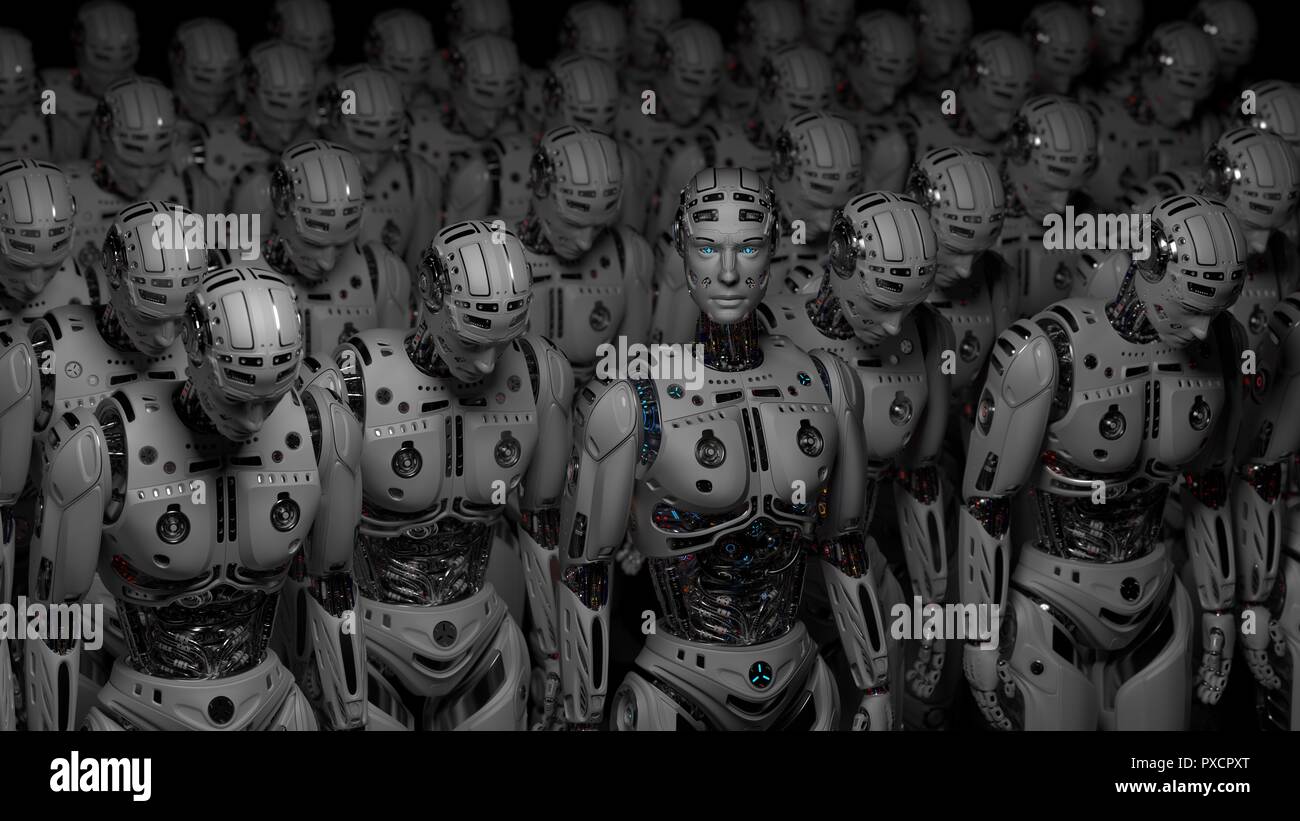 Futuristic Robot Army. Group of cyborgs. Isolated on black background ...