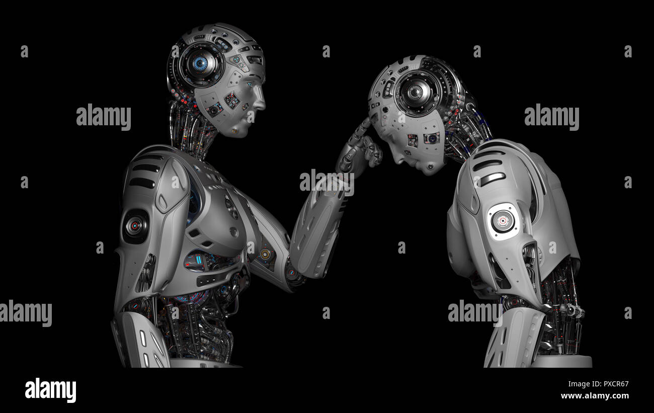 Futuristic robot man touching the forehead of another identical robot ...