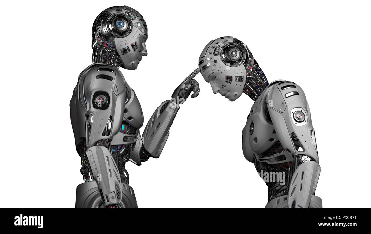 Futuristic robot man touching the forehead of another identical robot ...