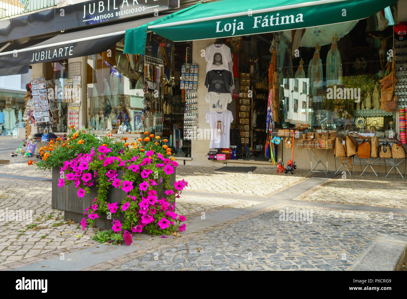 Fatima. Portugal. view of the city street with houses, shops ...