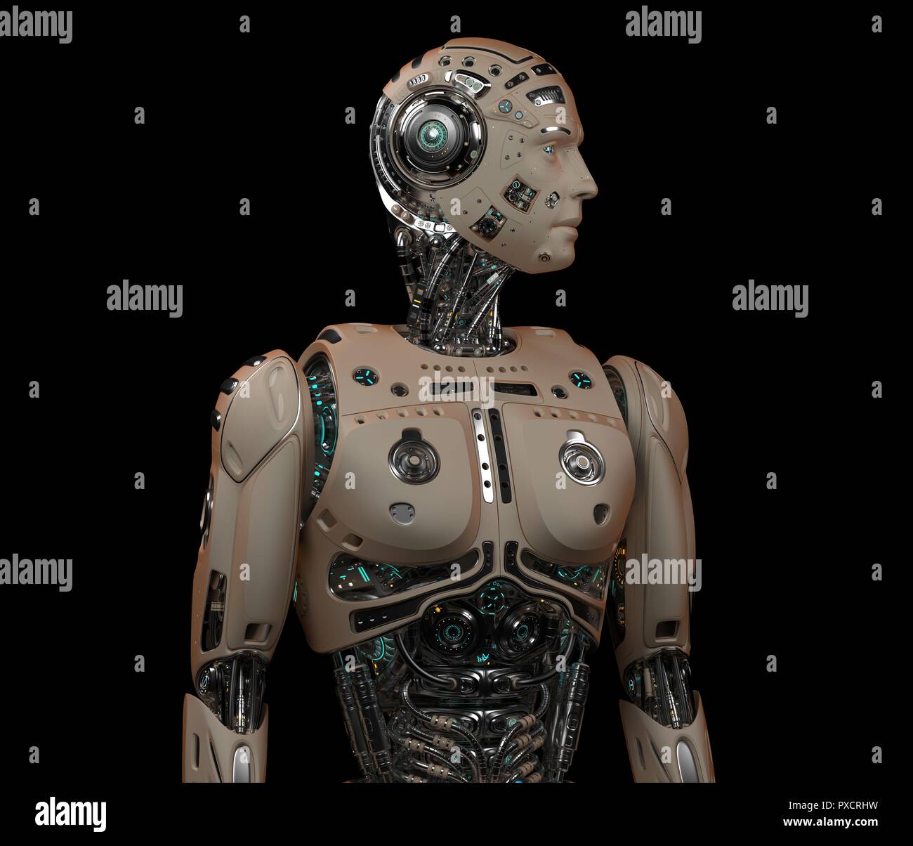 Futuristic Robot Man. Detailed Cyborg. Upper Body. Isolated on black ...