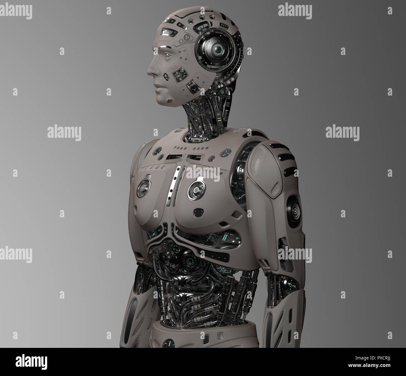 Futuristic Robot Man. Detailed Cyborg. Upper Body. Isolated on gray ...