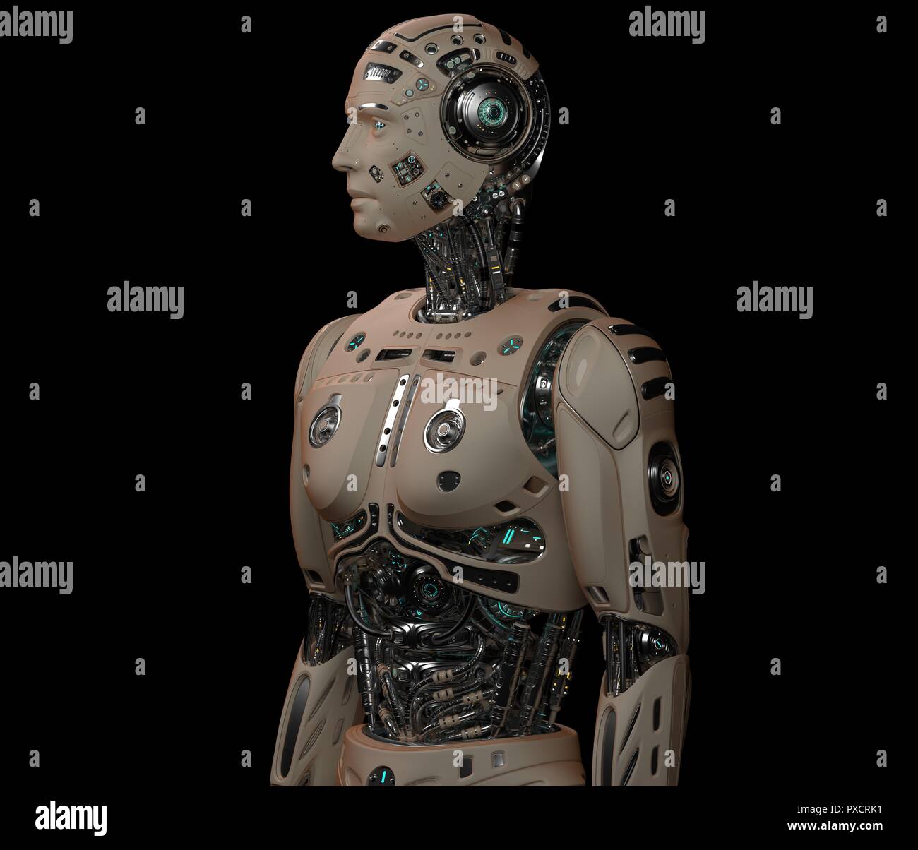 Futuristic Robot Man. Detailed Cyborg. Upper Body. Isolated on black ...