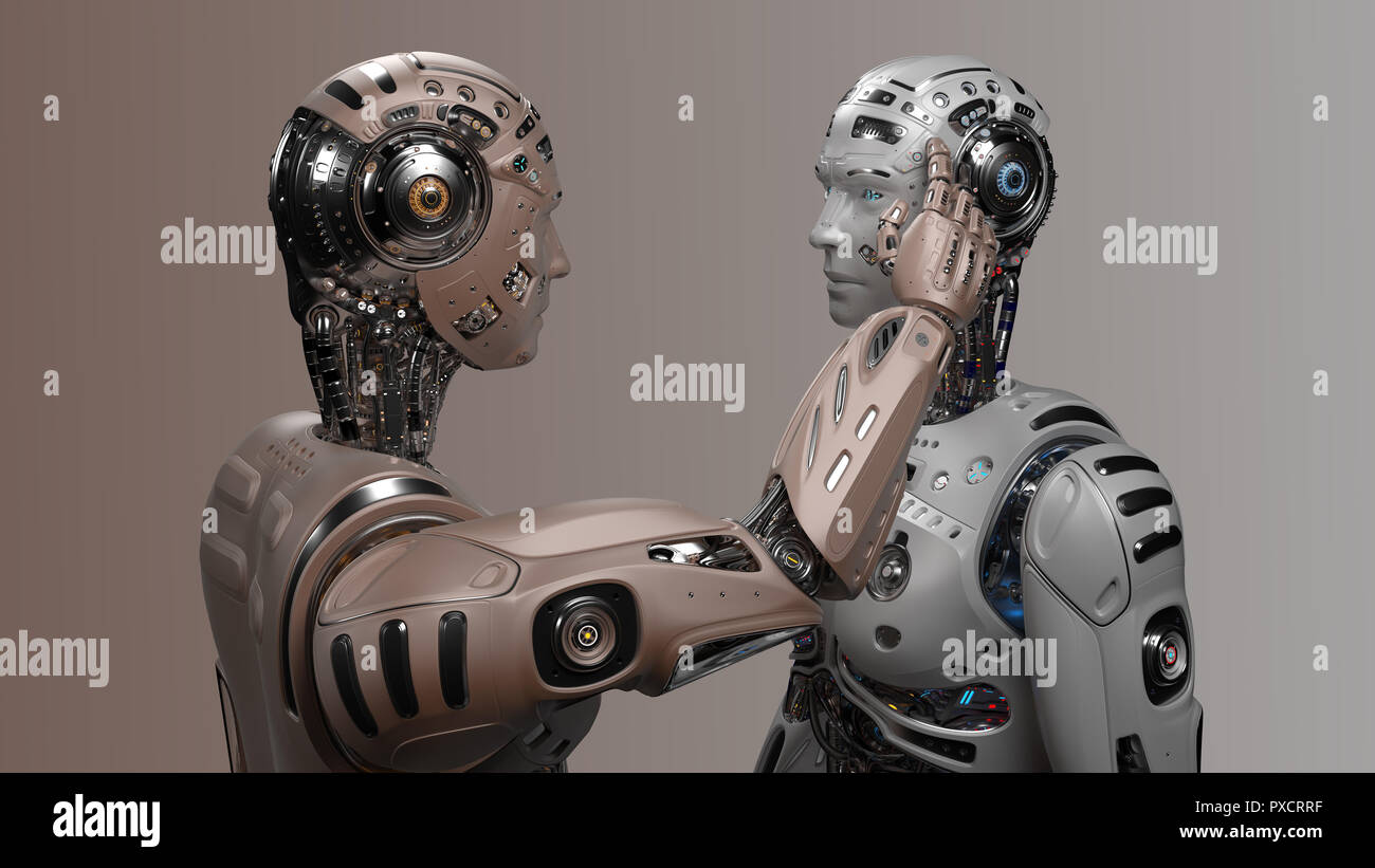 Futuristic robot man touching the head of another identical robot or ...