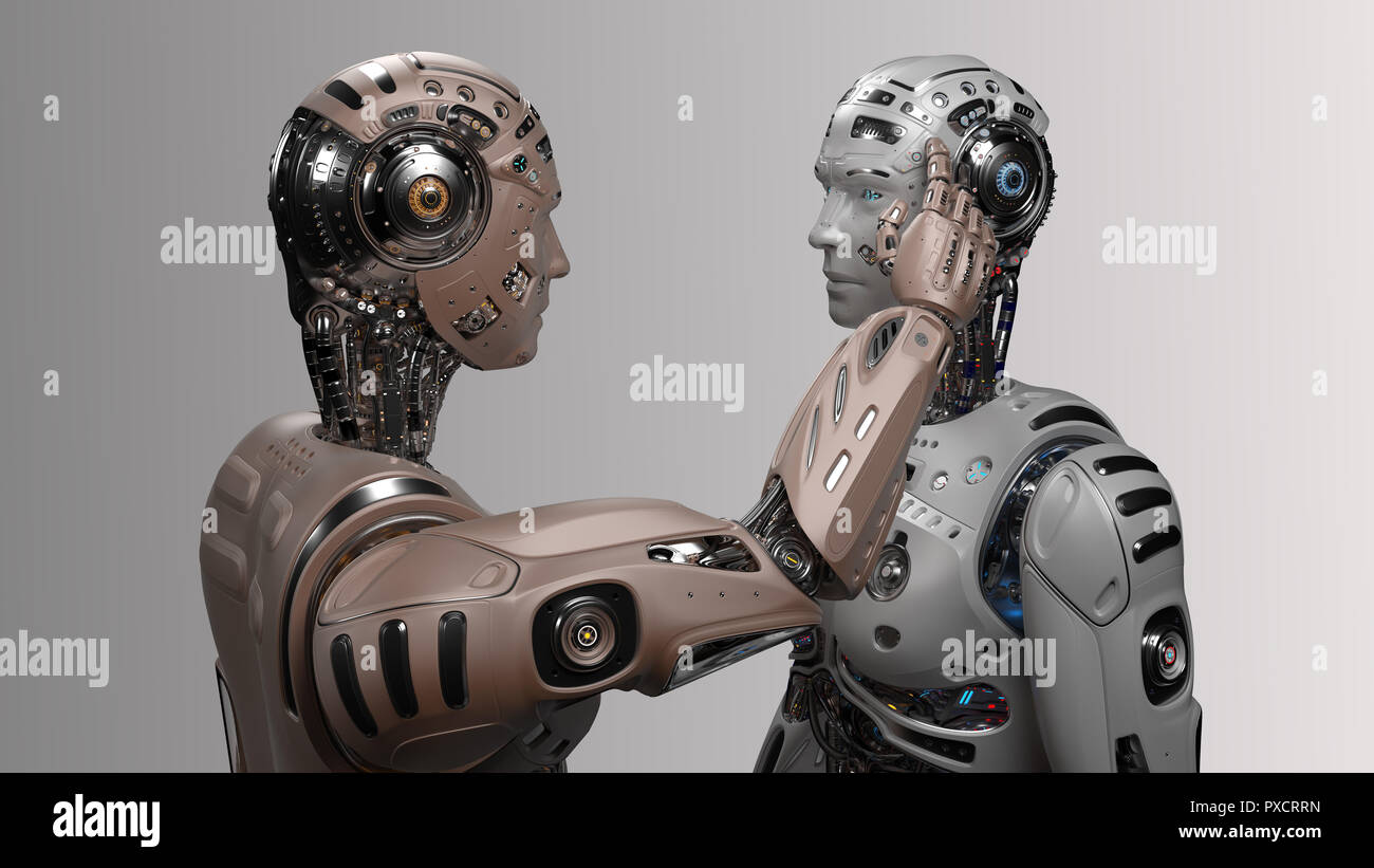 Futuristic robot man touching the head of another identical robot or ...