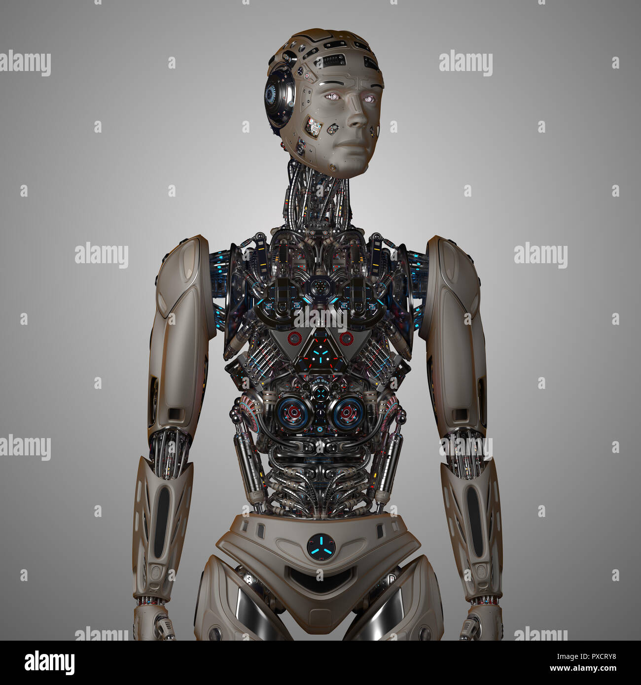 Futuristic Robot Man with uncovered internal body system. Upper body ...