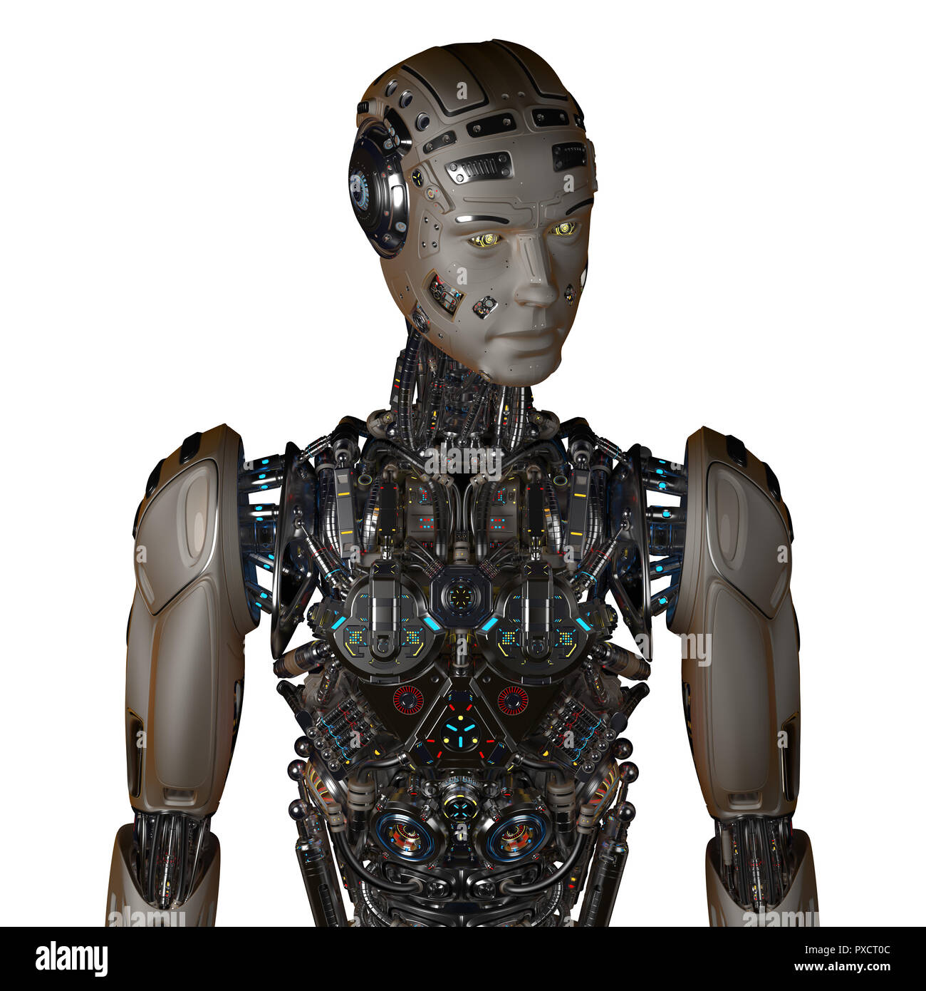 Futuristic Robot Man with uncovered internal body system. Upper body ...