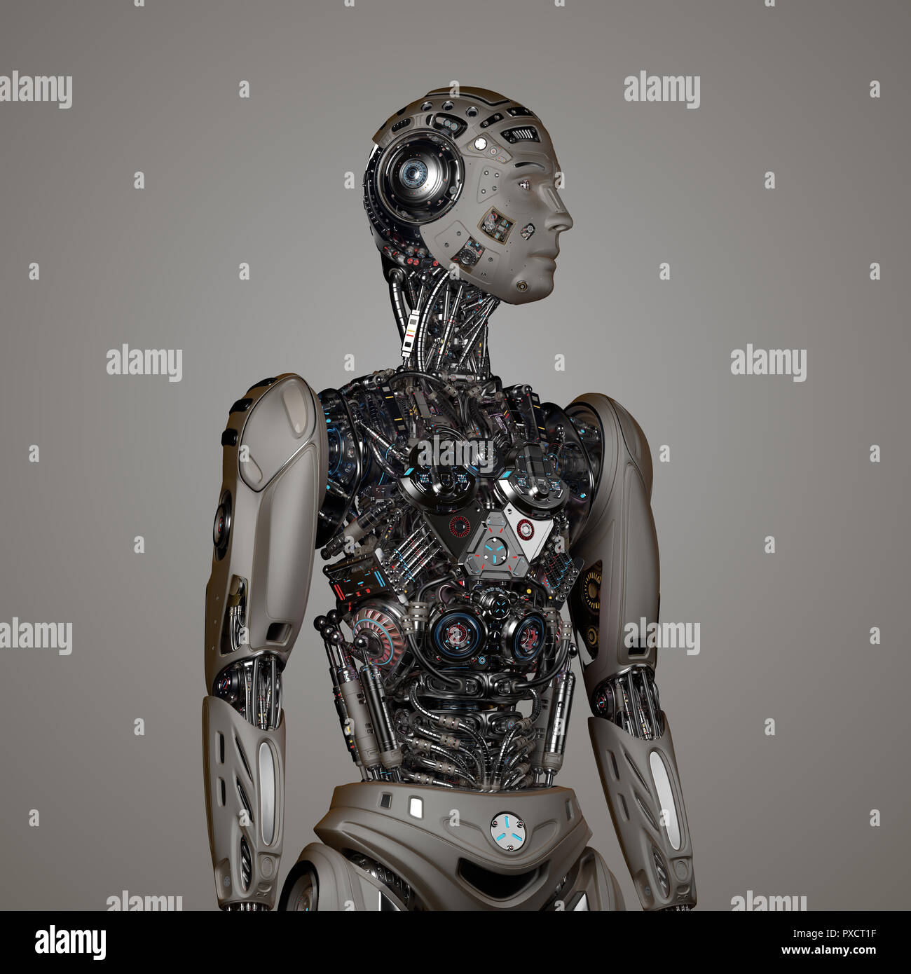 Futuristic Robot Man with uncovered internal body system. Upper body ...