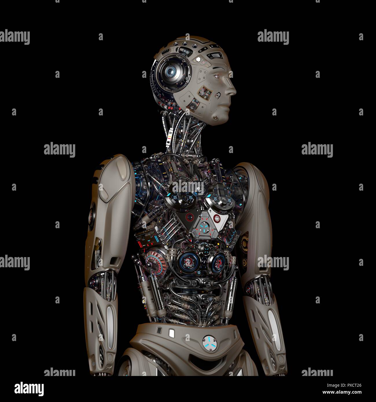 Futuristic Robot Man with uncovered internal body system. Upper body ...