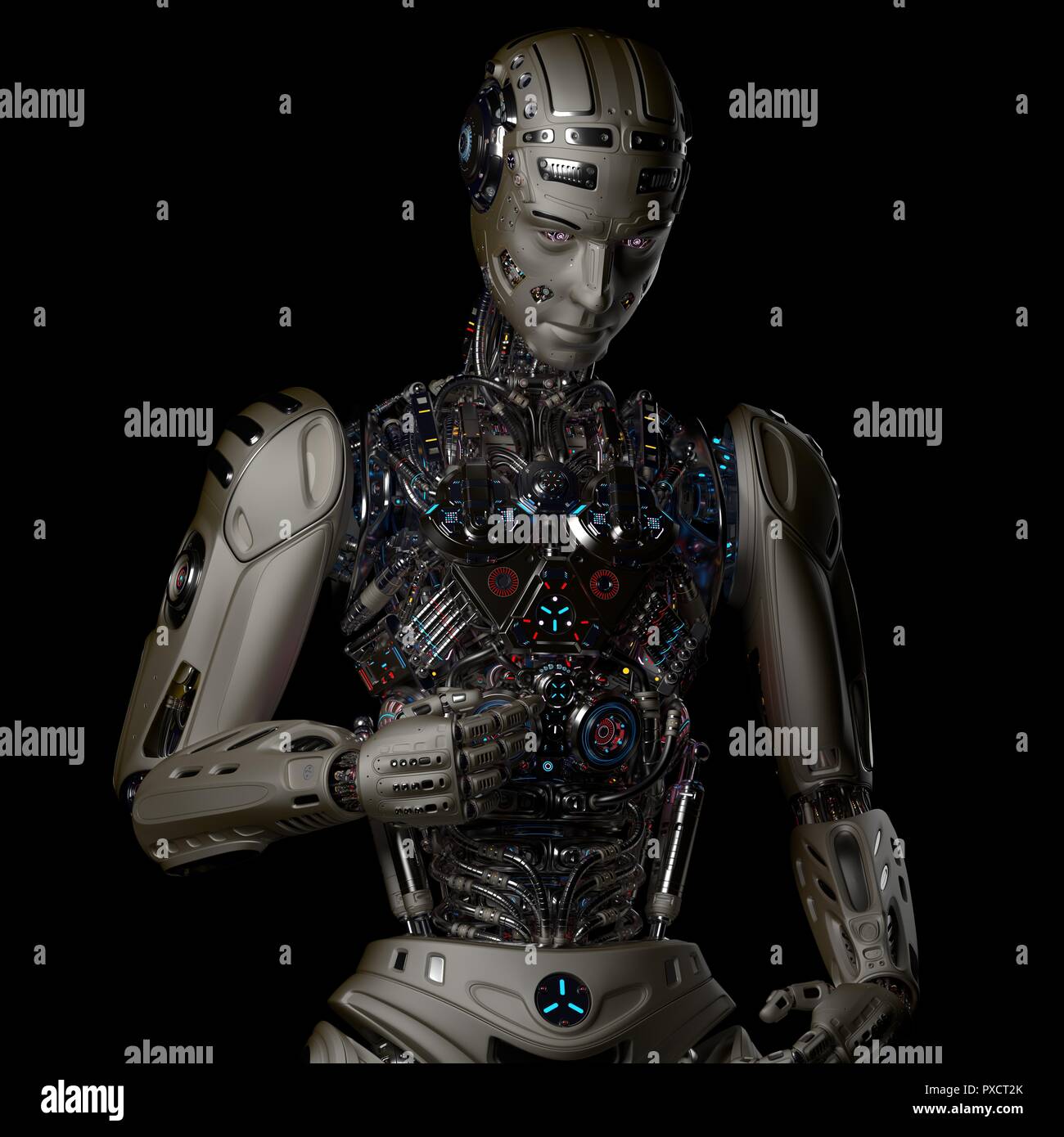 Futuristic Robot Man with uncovered internal body system. Upper body ...