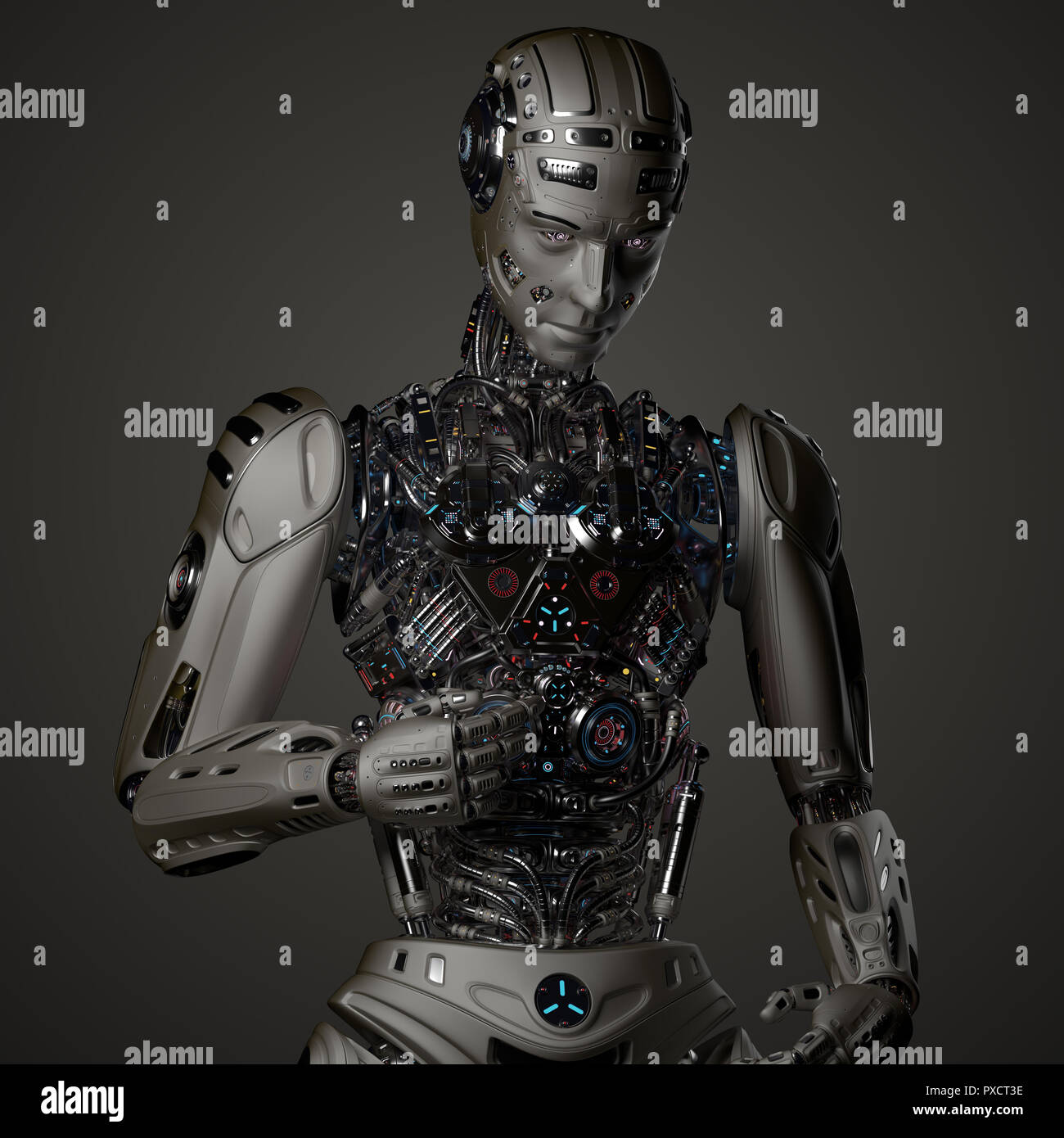 Futuristic Robot Man with uncovered internal body system. Upper body ...