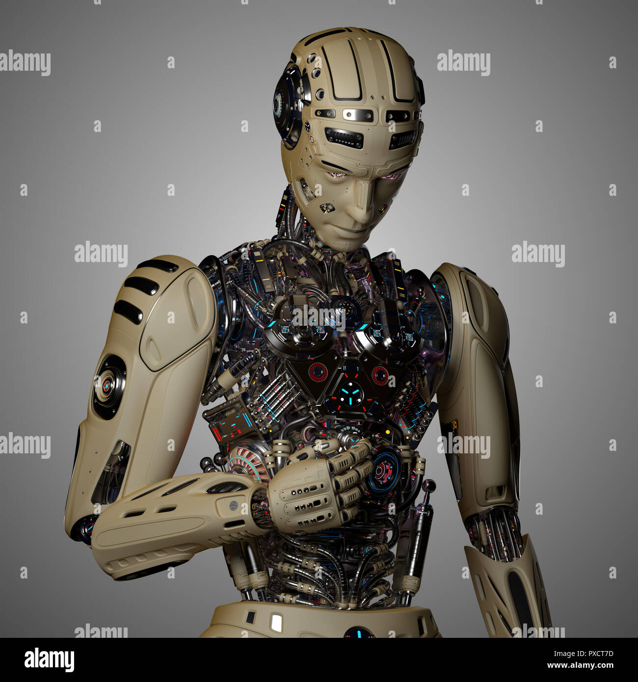 Futuristic Robot Man with uncovered internal body system. Upper body ...