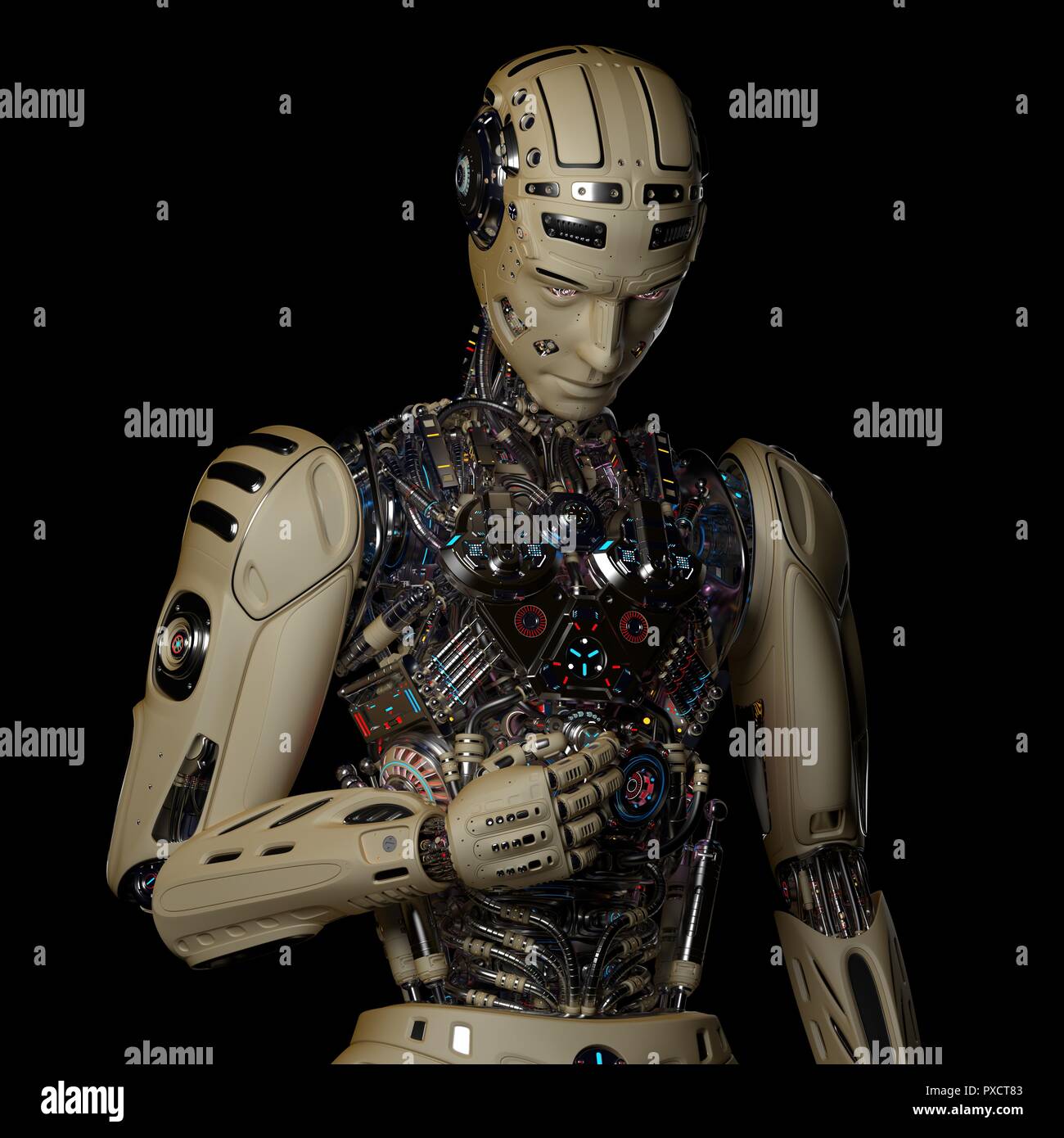 Futuristic Robot Man with uncovered internal body system. Upper body ...