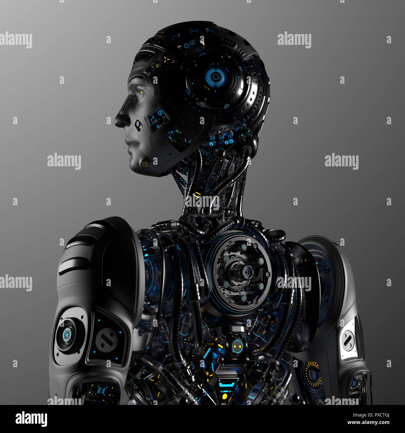Futuristic Robot Man. back view. Isolated on gray background. 3D Render ...