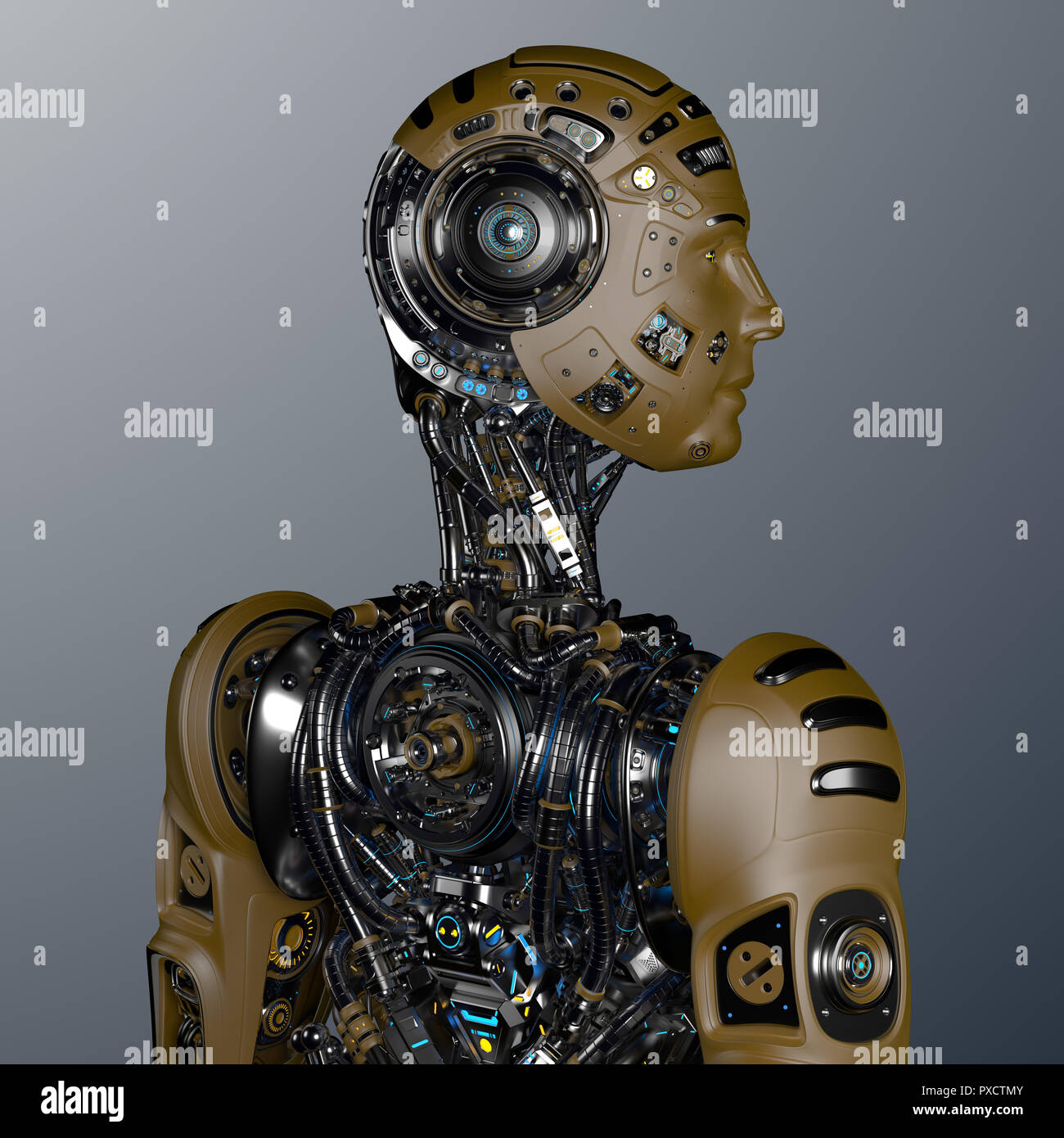 Futuristic Robot Man. back view. Isolated on gray background. 3D Render ...