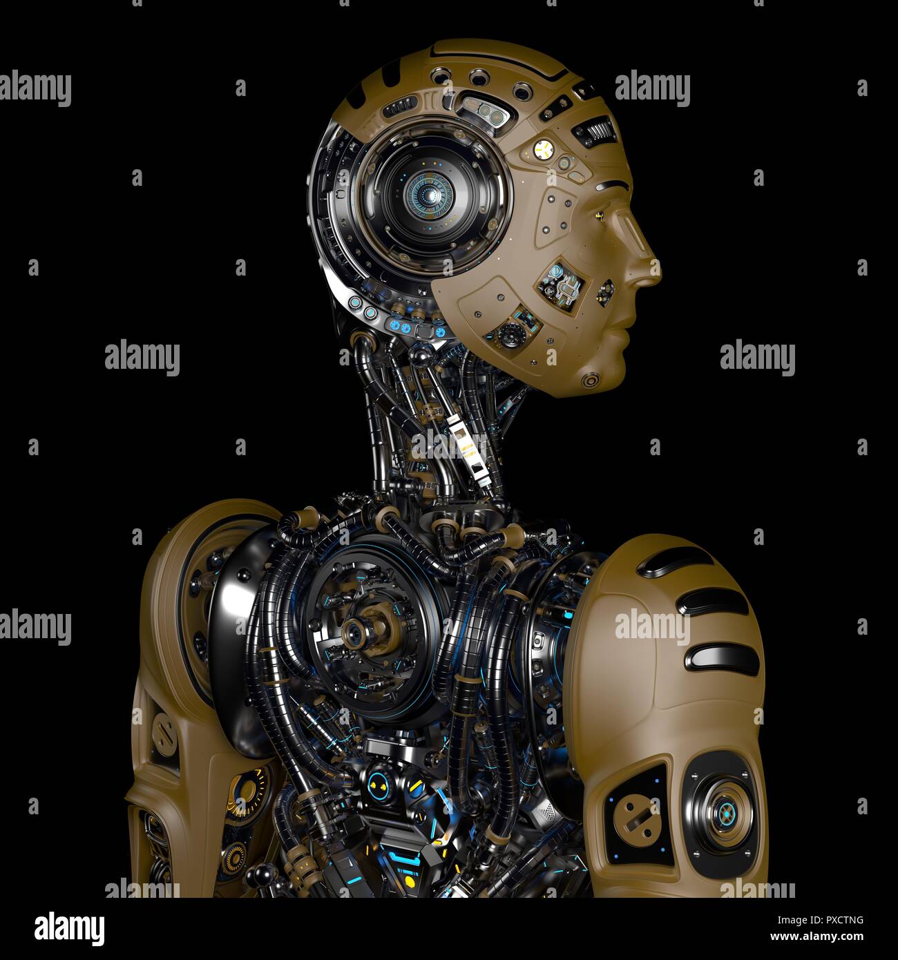 Futuristic Robot Man. back view. Isolated on black background. 3D ...