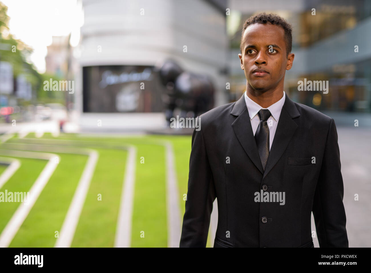 Portrait of successful young African businessman thinking outdoors ...