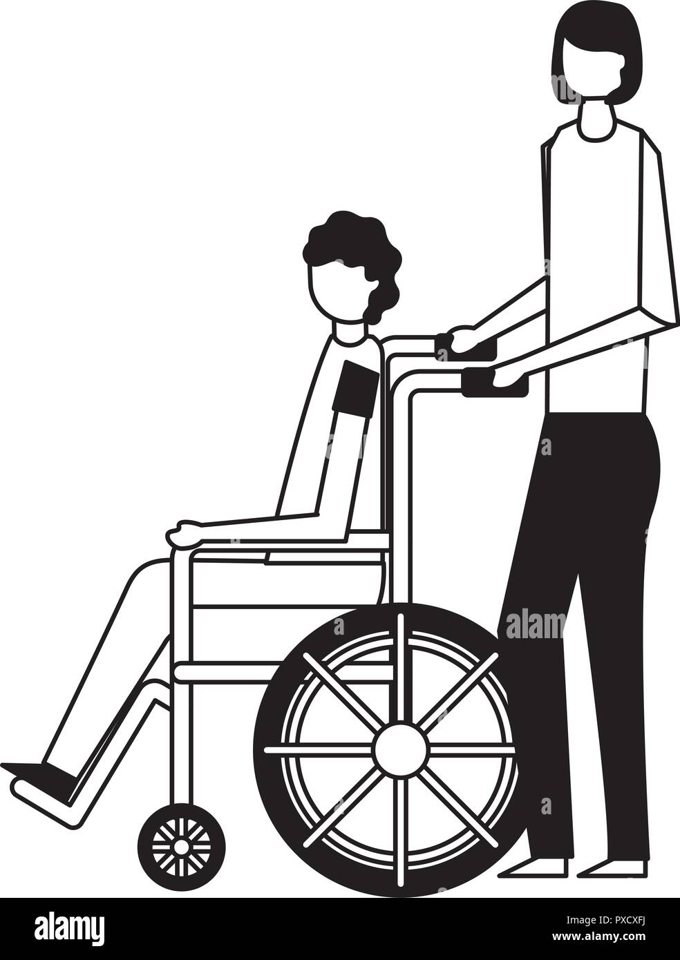 volunteers help girl carry person in the wheelchair vector illustration ...