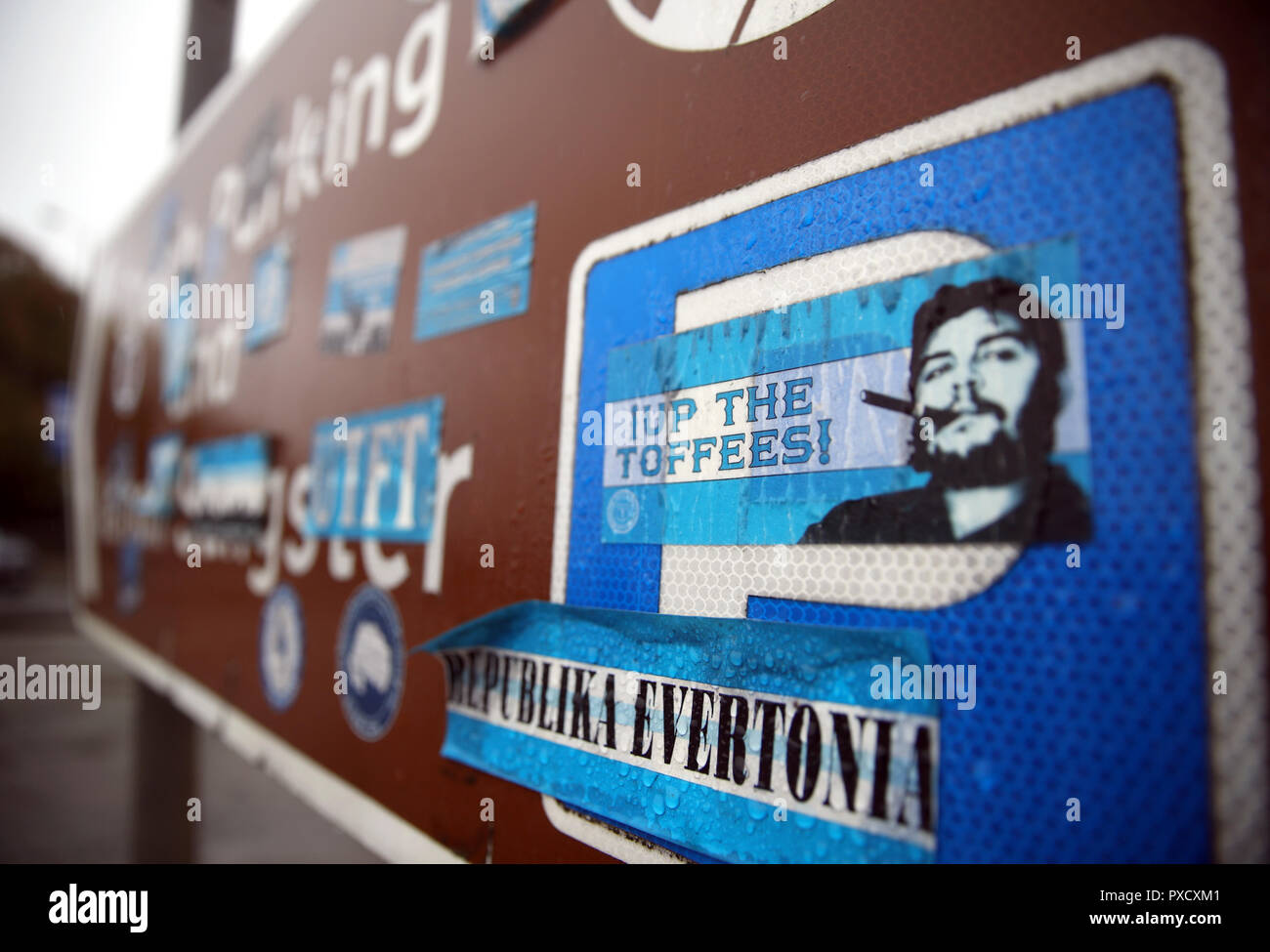 General view of Everton stickers on a road sign before the Premier ...
