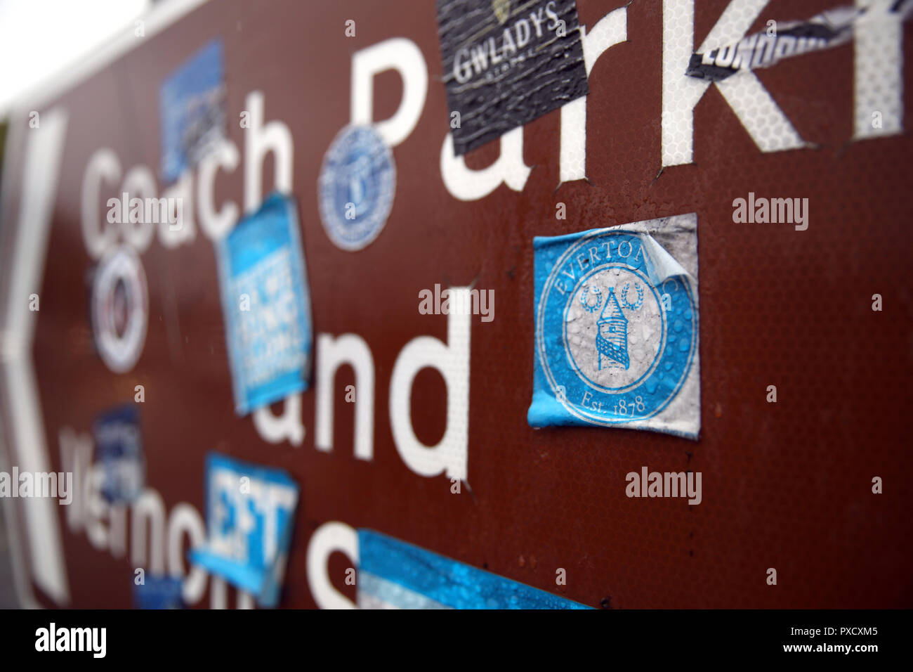 General view of Everton stickers on a road sign before the Premier ...