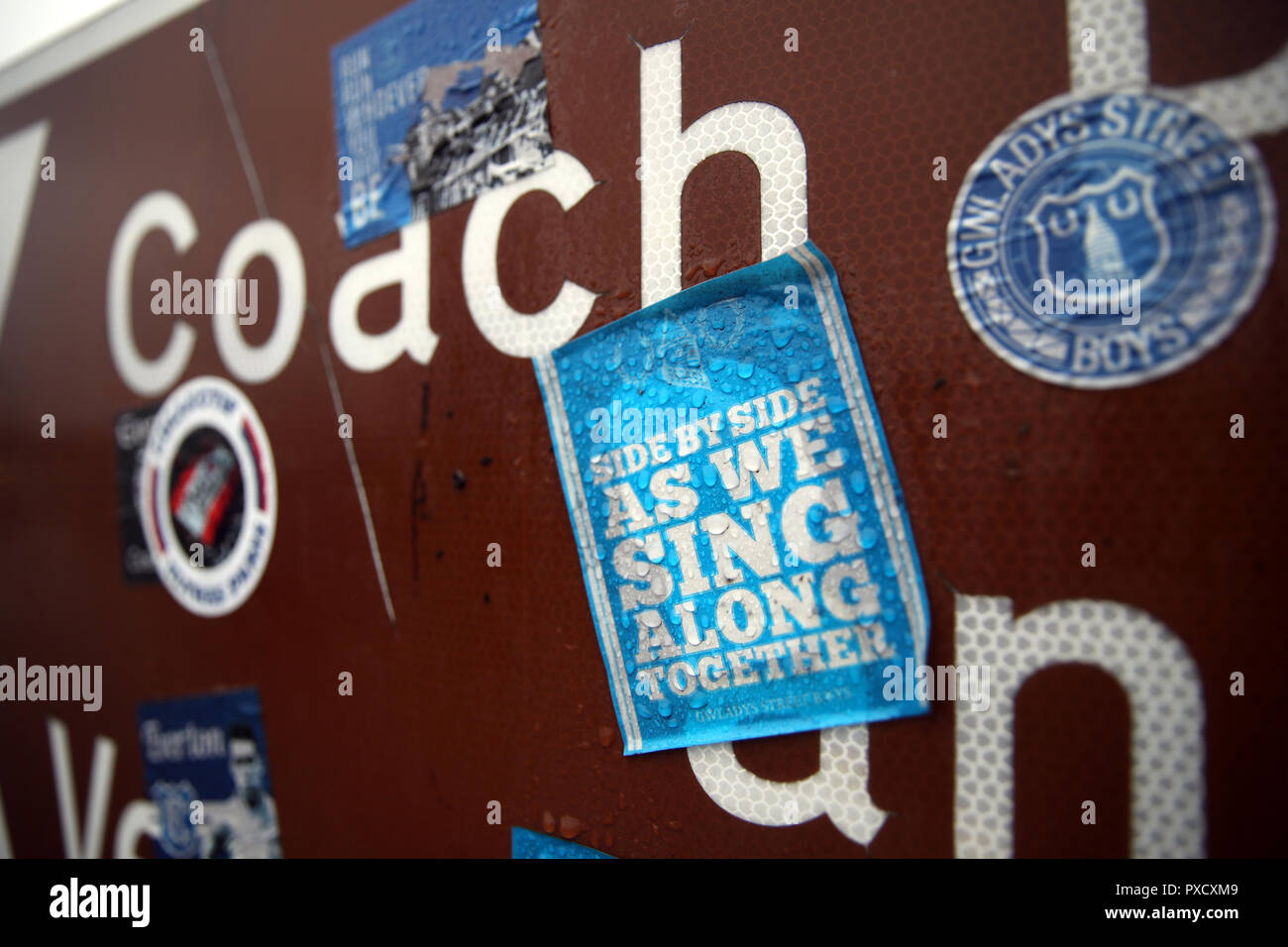 General view of Everton stickers on a road sign before the Premier ...