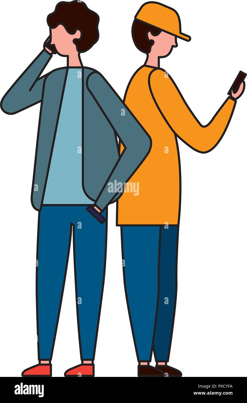 two young man using mobile device vector illustration Stock Vector ...