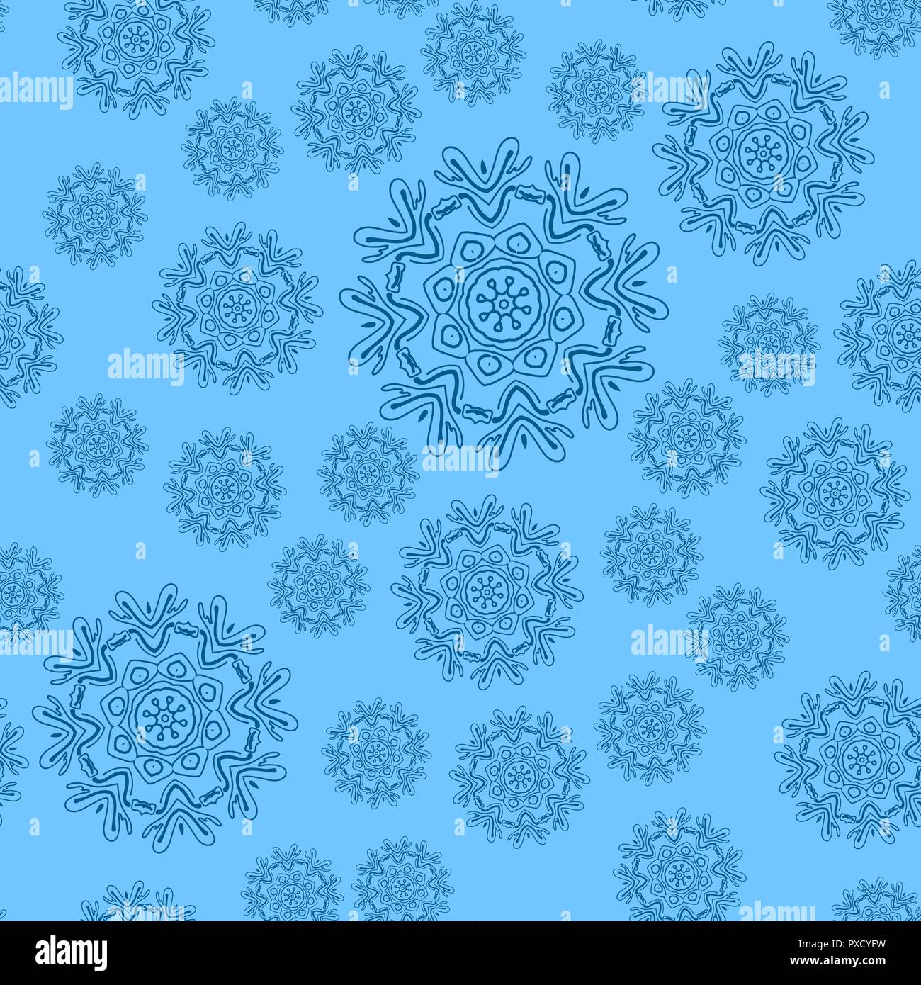 Vintage hand drawn doodle seamless pattern tile with blue snowlakes for ...