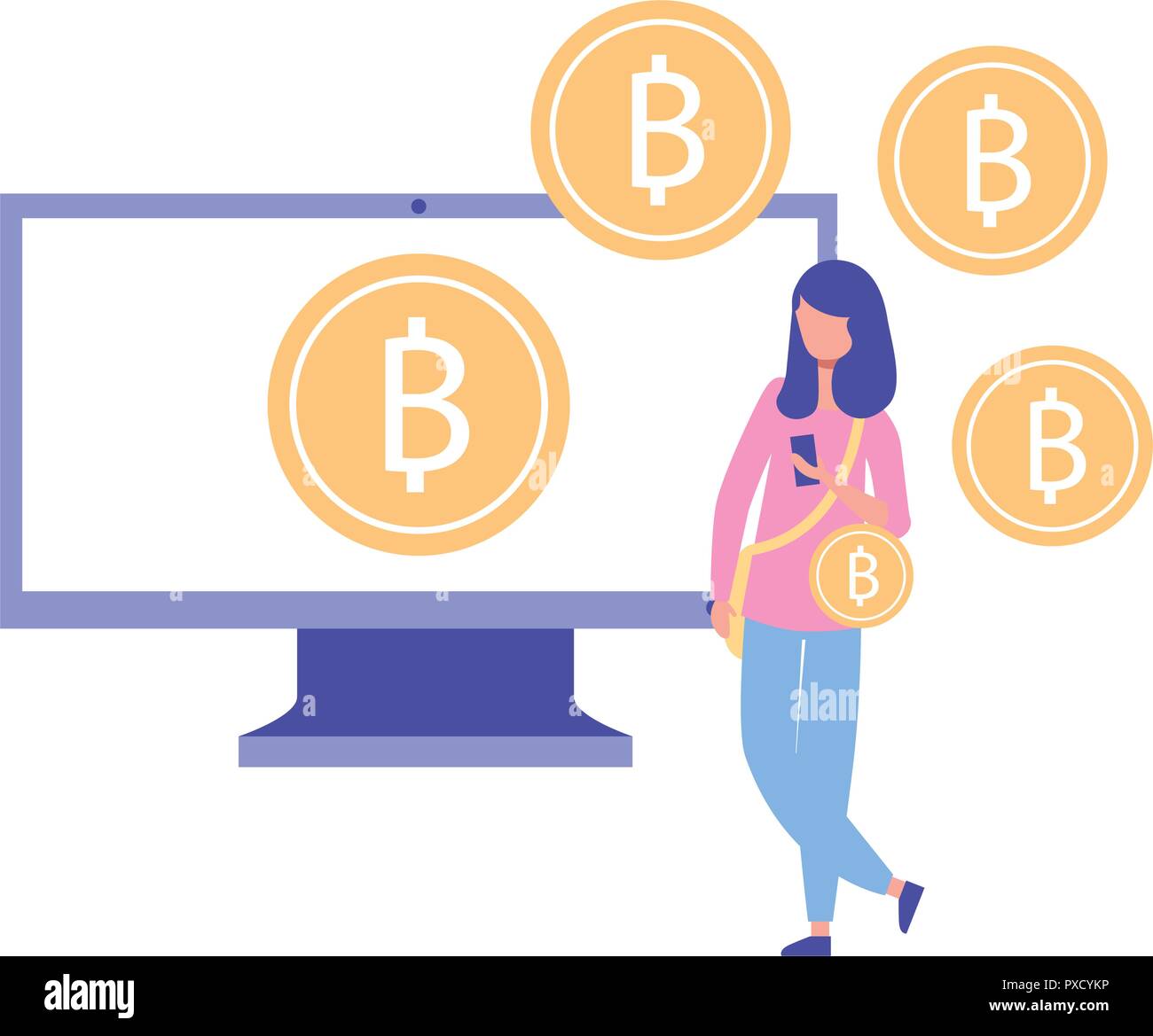 outdoor business girl with bag computer bit coins vector illustration ...