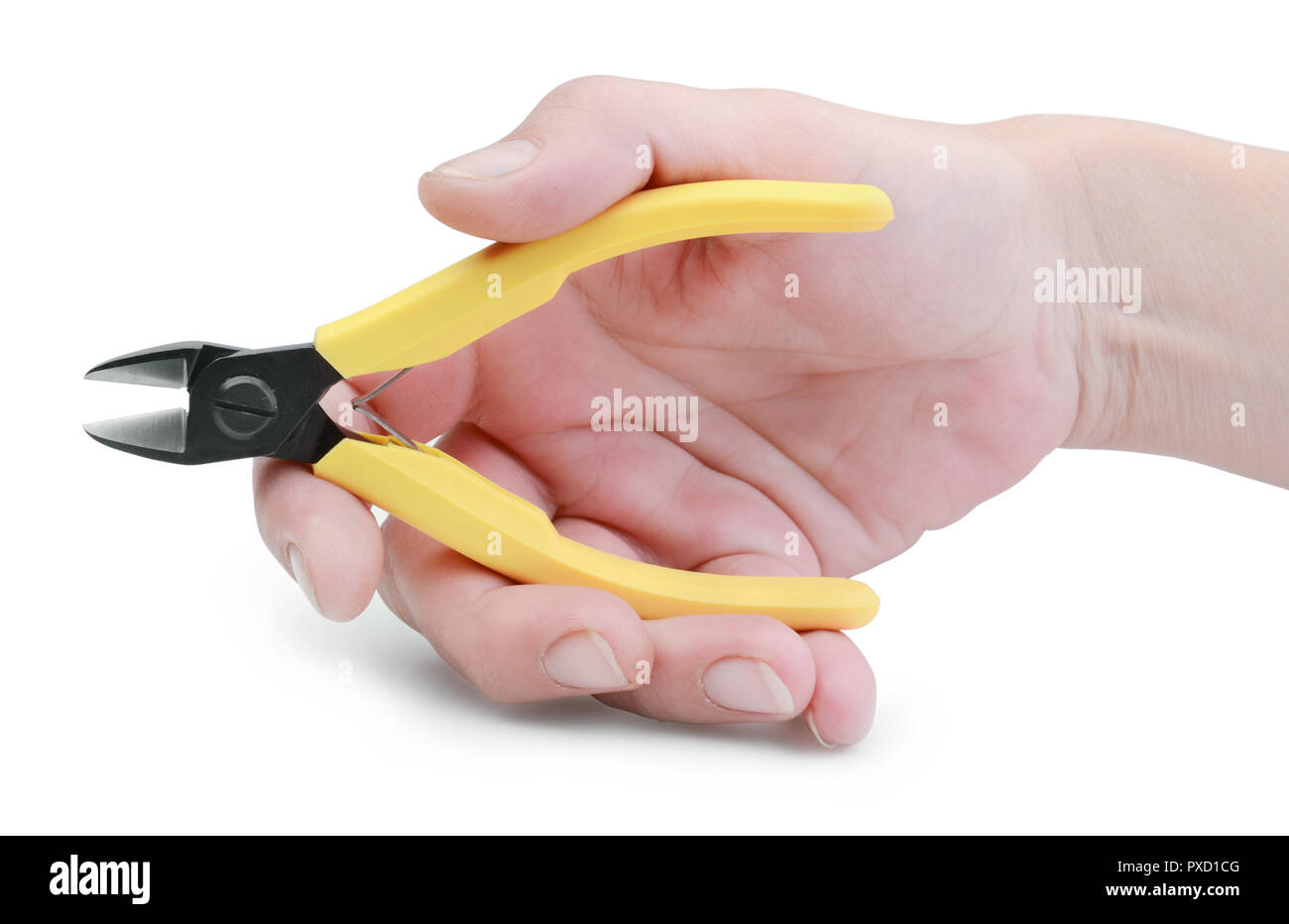 Side cutters in hand isolated on white background Stock Photo - Alamy