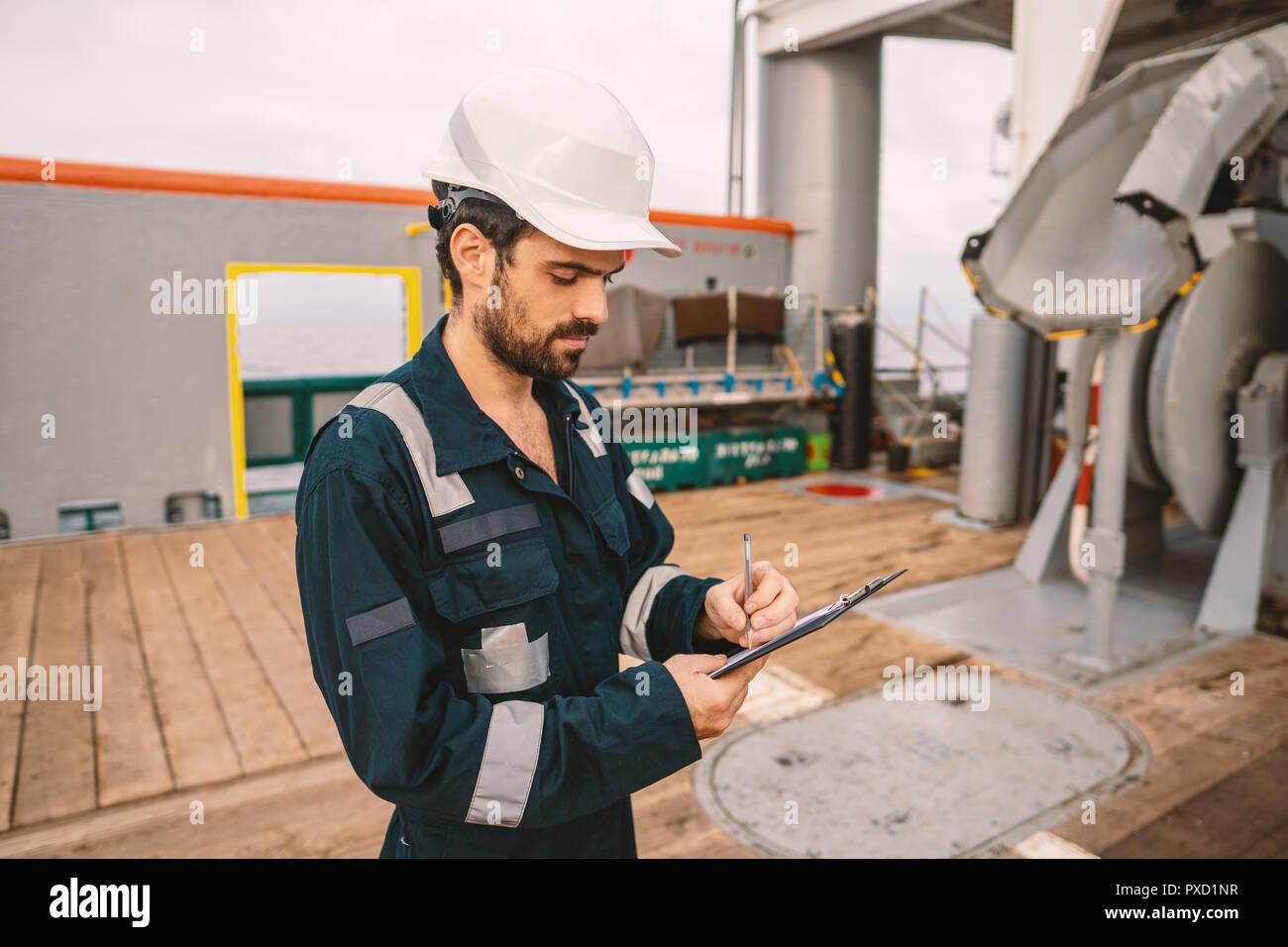 Marine Deck Officer or Chief mate on deck of vessel or ship Stock Photo ...
