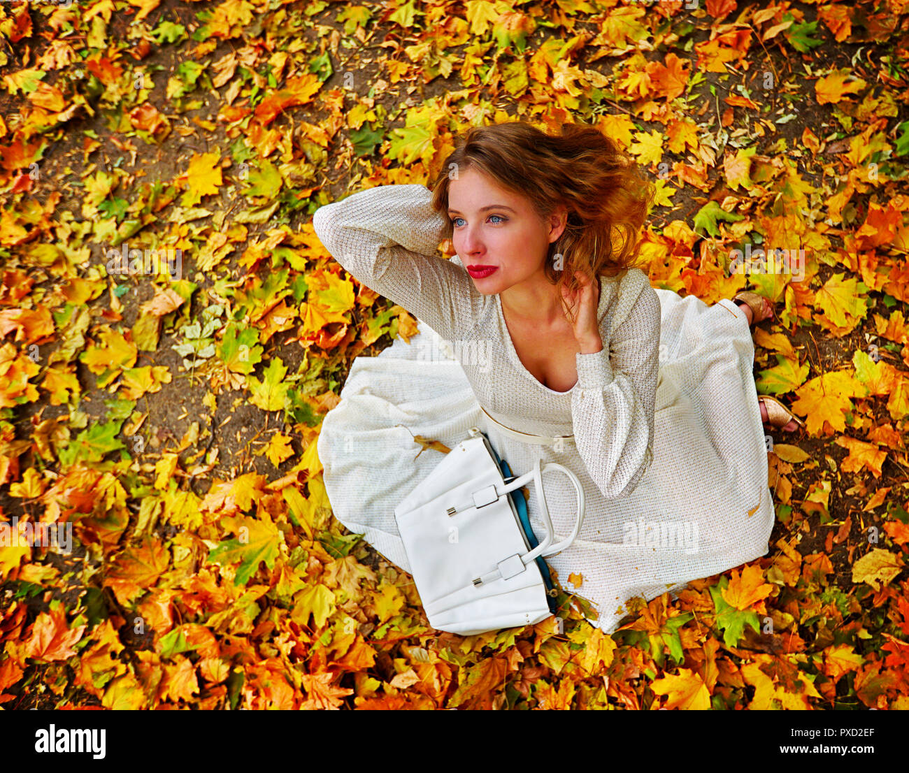 Autumn fashion dress woman sitting fall leaves city park outdoor Stock ...