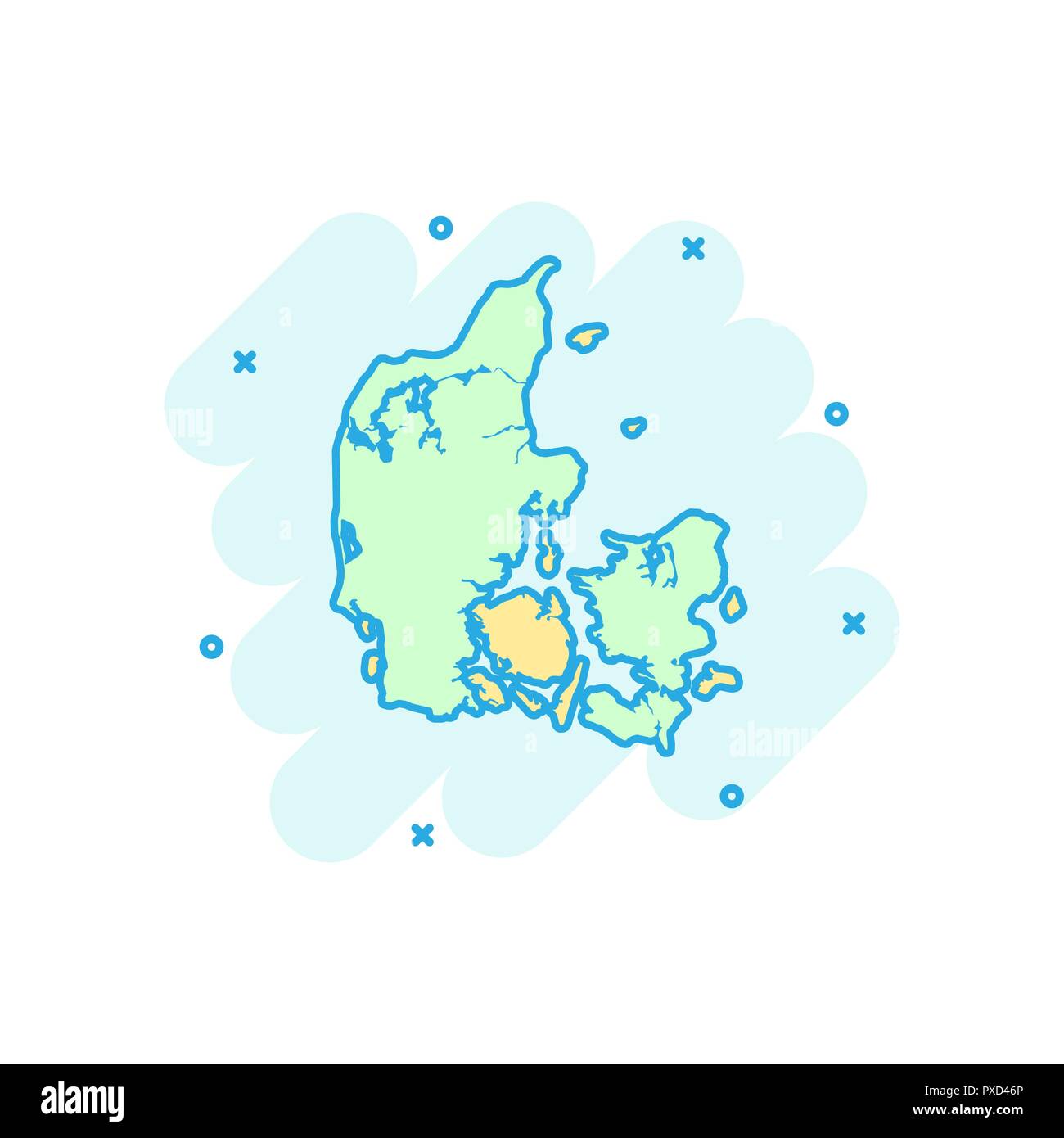 Vector cartoon Denmark map icon in comic style. Denmark sign ...